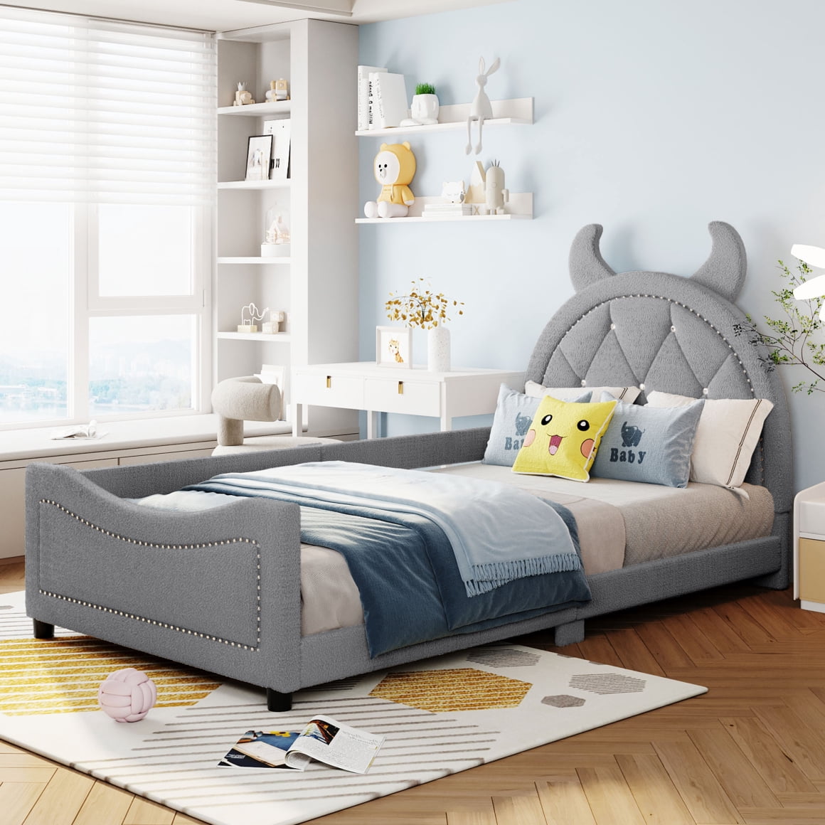 Lovely Teddy Fleece Twin Size Bed, Bed Frame with Side Fense, OX Horn ...