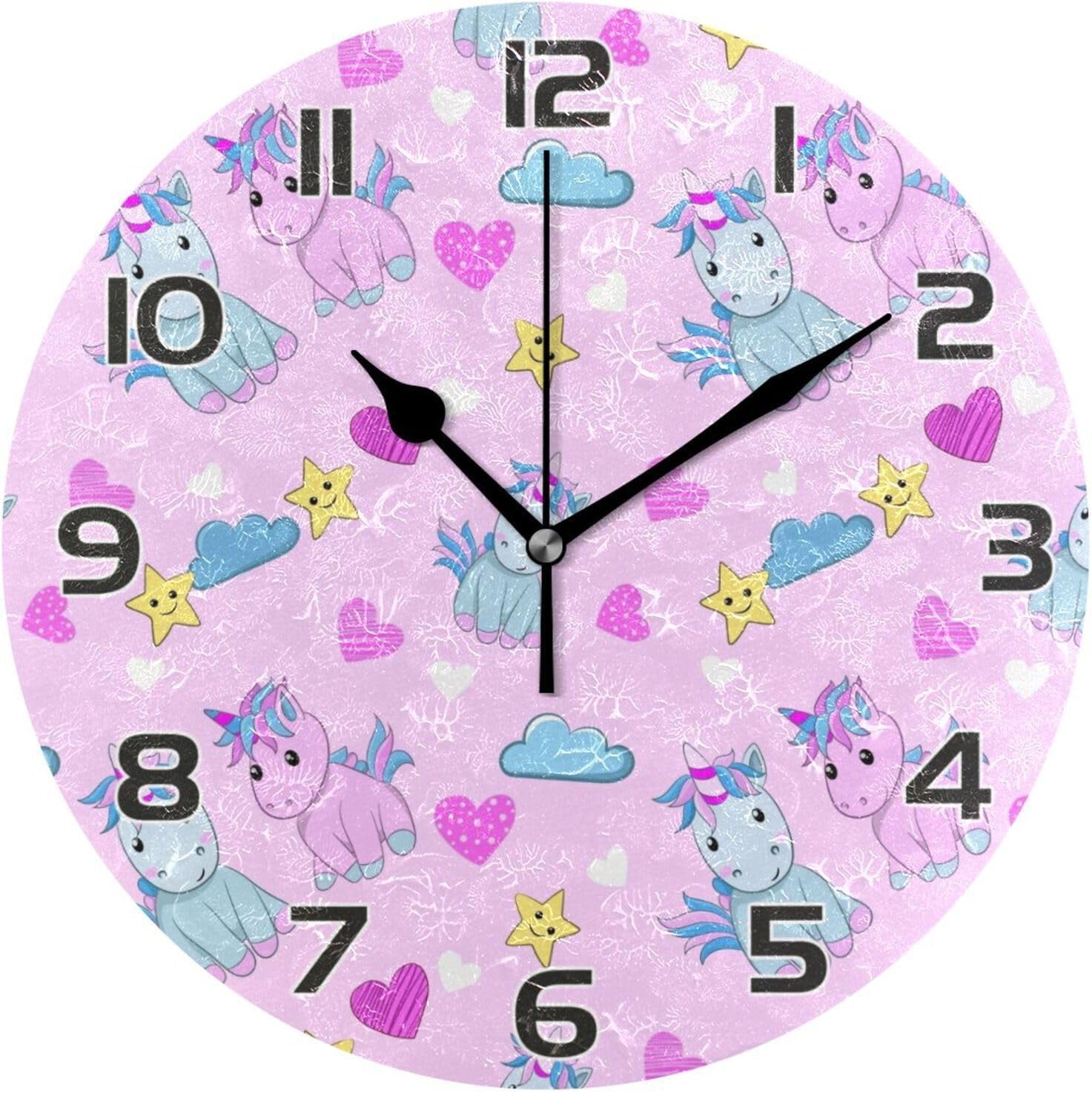 Lovely Unicorn Wall Clock Round Vintage Silent Non Ticking Battery ...