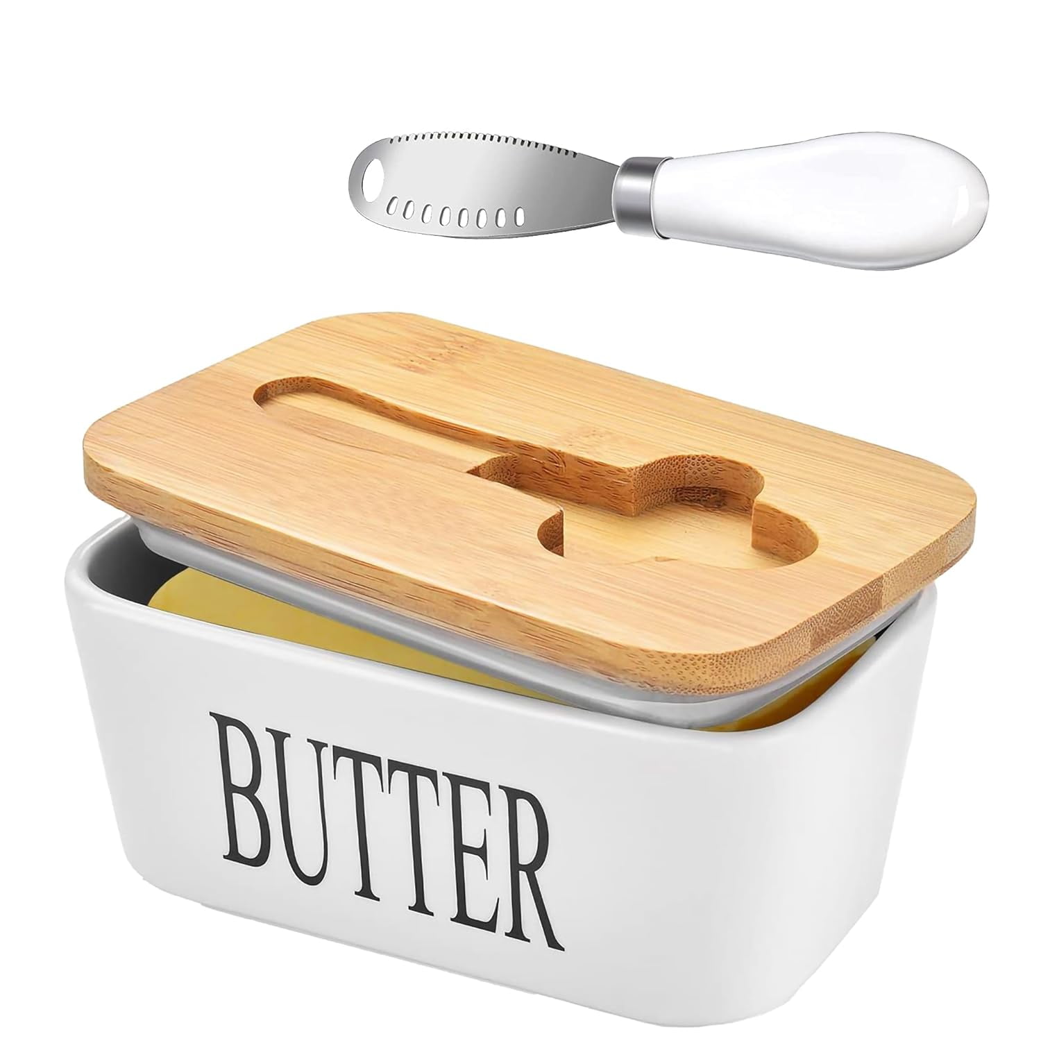 Lovelyduo Ceramic Butter Dish with Bamboo Lid Large Butter Keeper Container with Curler Knife ...