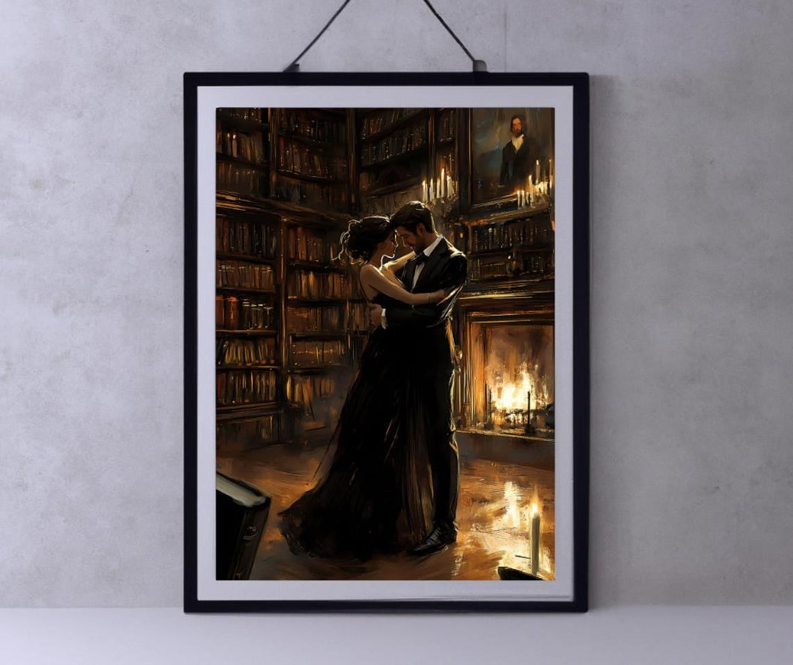 Lovers In Library Art Painting, Couple Art, Dark Academia Print, Dark ...