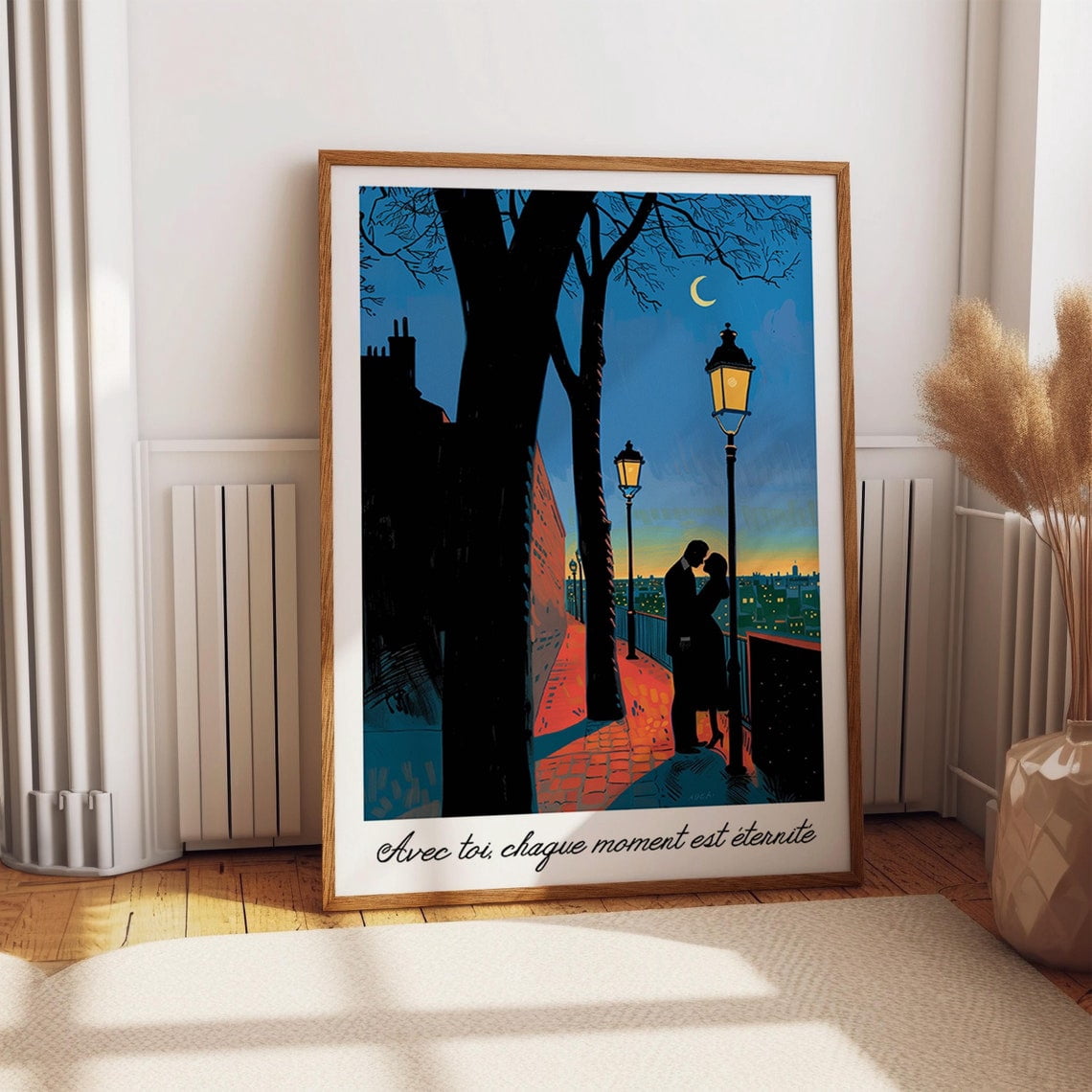 Lovers Under Streetlamps Artwork - Romantic Paris Night Skyline Poster ...
