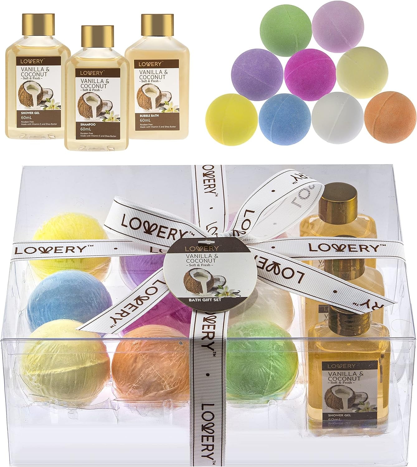 Lovery 12-Piece Deluxe Bath Bombs Gift Set with Vanilla Coconut Shower ...