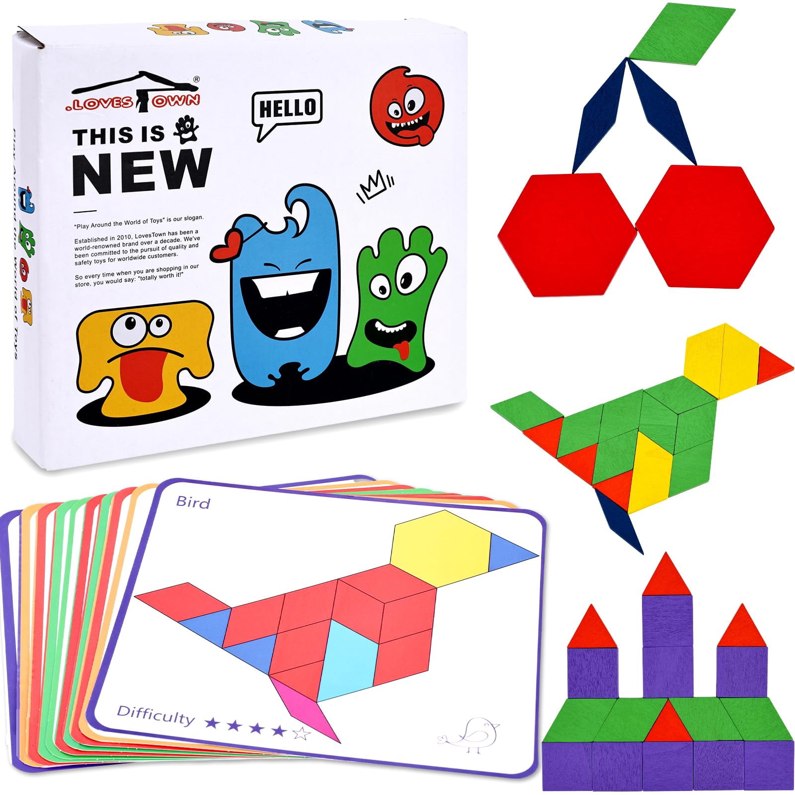 LovesTown Wooden Pattern Blocks DHF10 Set for Kids, Geometric Shapes ...