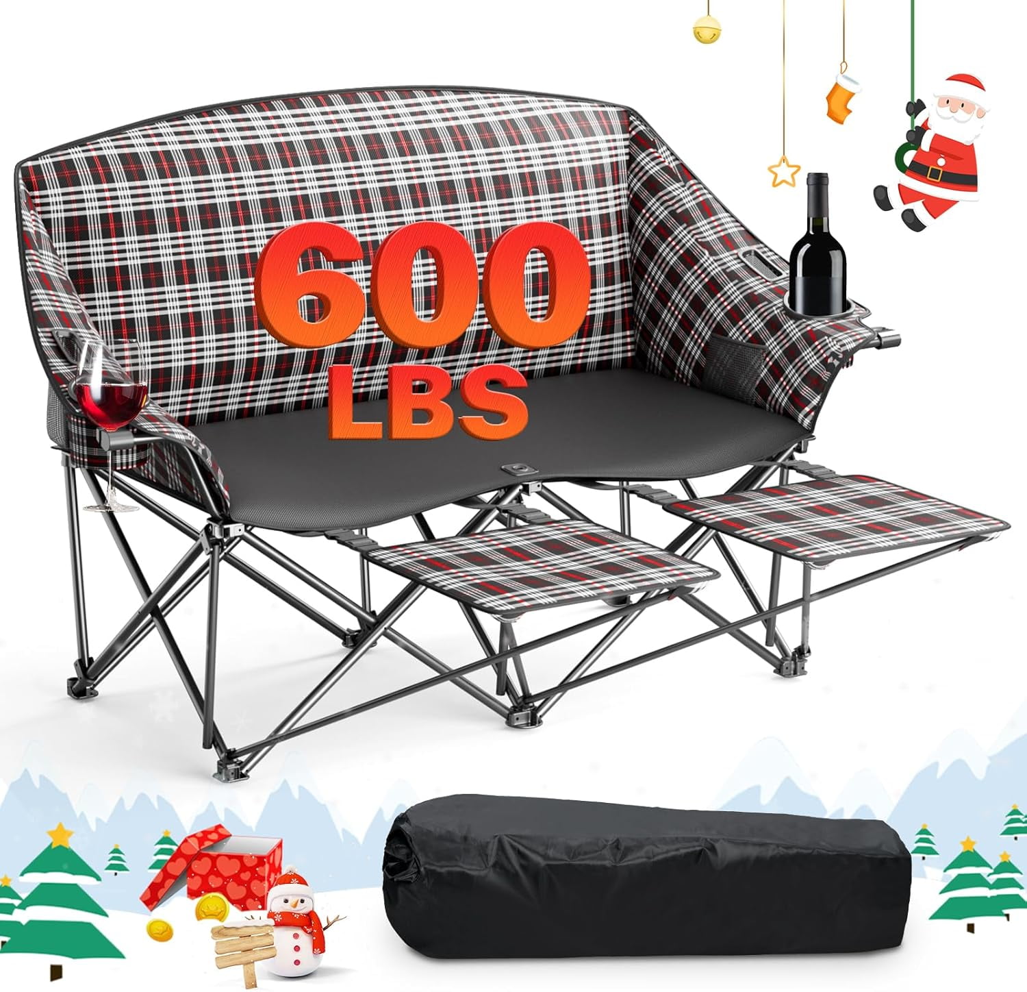 Loveseat Camping Chair with Footrest, Supports 600lbs Folding Double ...