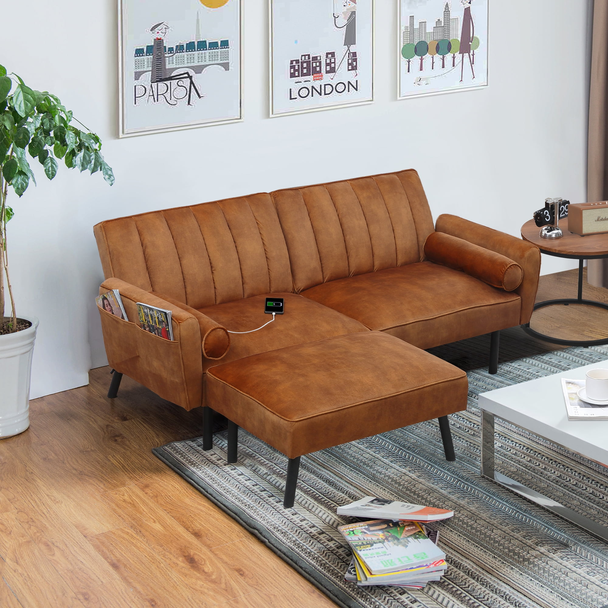 Loveseat Futon Sleeper Sofa Bed Couch Velvet Sofas with Movable Ottoman ...