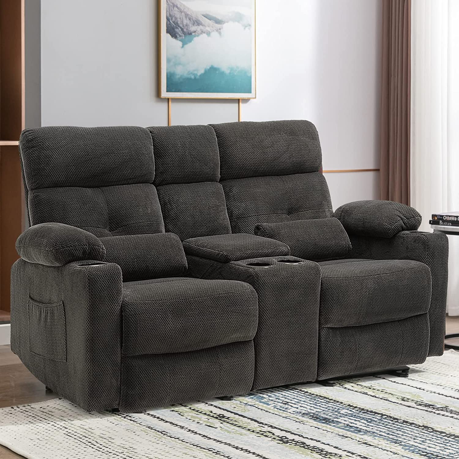 Power Reclining Loveseat Sofa With Heat Massage Lumbar Support