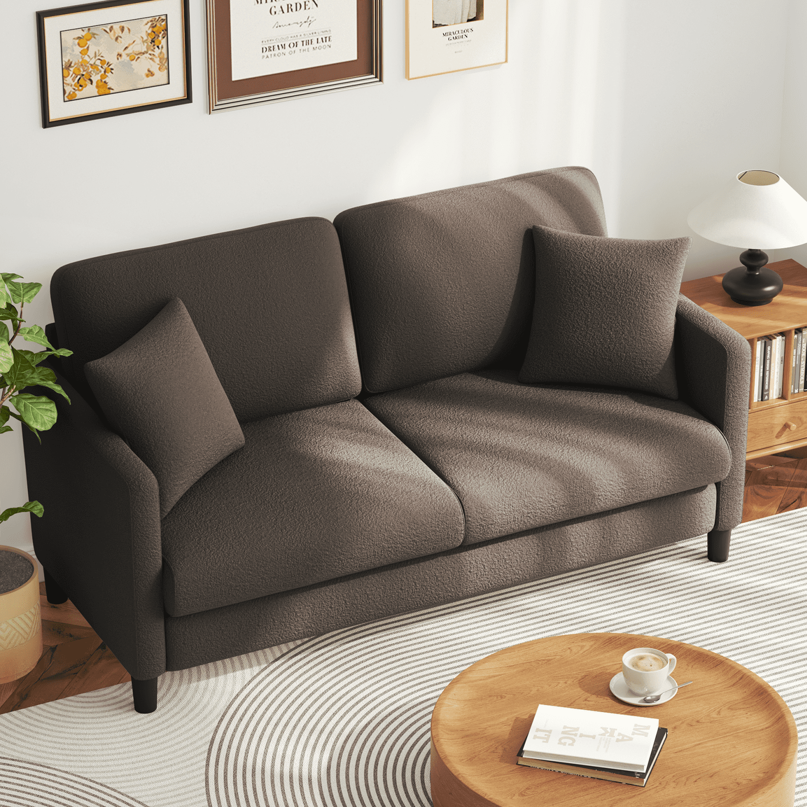 "Neche 65"" Teddy Fleece Loveseat Sofa, Extra Deep Seats, Tool-Free Setup, 2 Pillows, Coffee ...