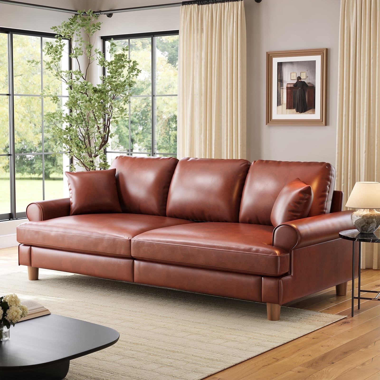 87" Couch Premium PU Leather Sofa, Comfy Extra Deep Seat 3 Seater Couch ...