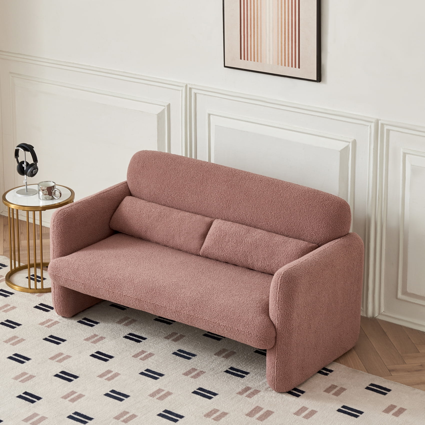 Loveseat Sofa Couch,Lamb Fabric Sofa with Support Pillow,Upholstered ...