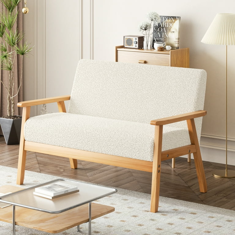 Loveseat Sofa Neche 2 Seater Teddy Fleece Solid Wood Sofa Modern Couch Upholstered Padded Wooden Arm Sofa for Small Space