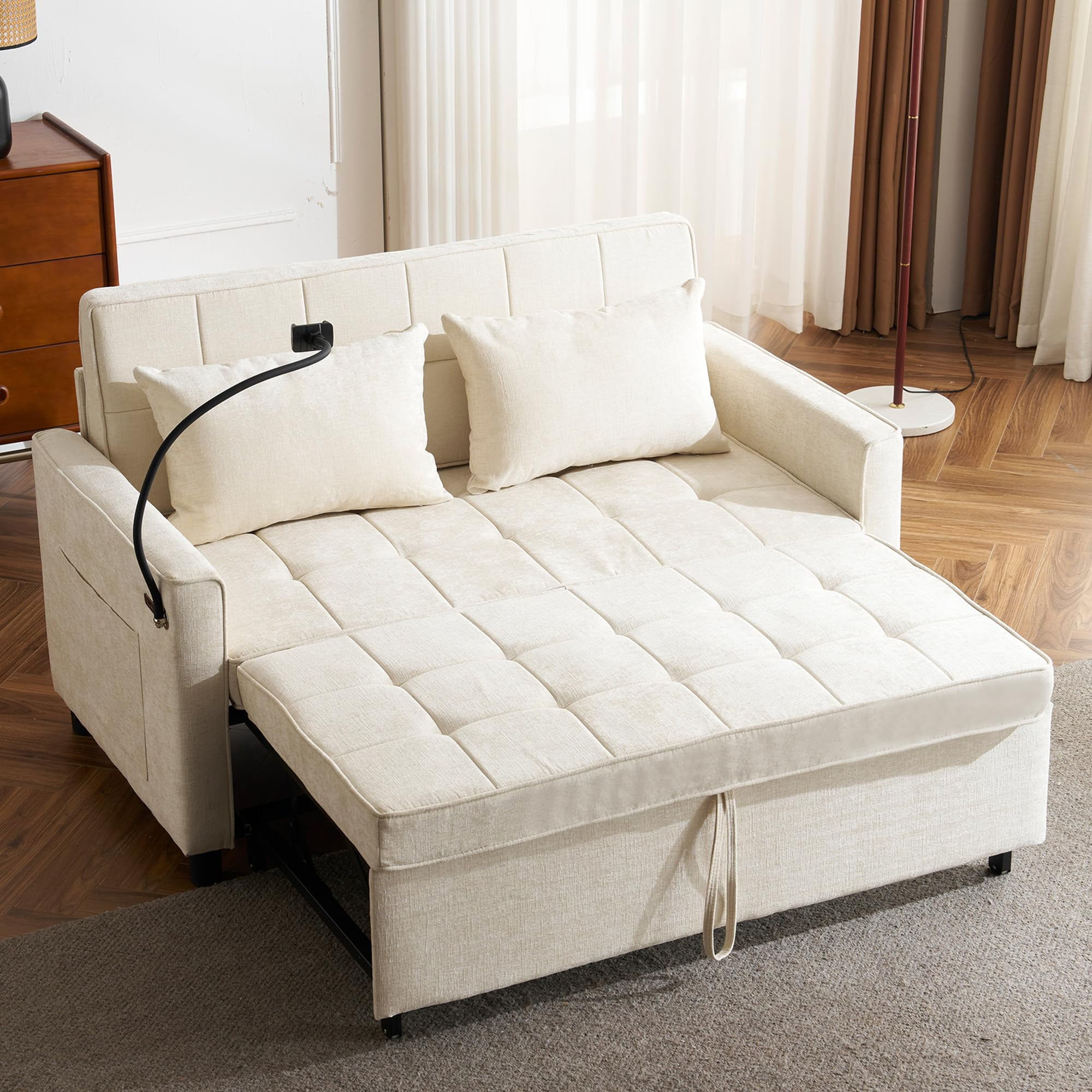 Loveseat Sofa Pull-Out Sofa Bed Sleeper Sofa with a Reversible Backrest Cushion, Side Pockets ...
