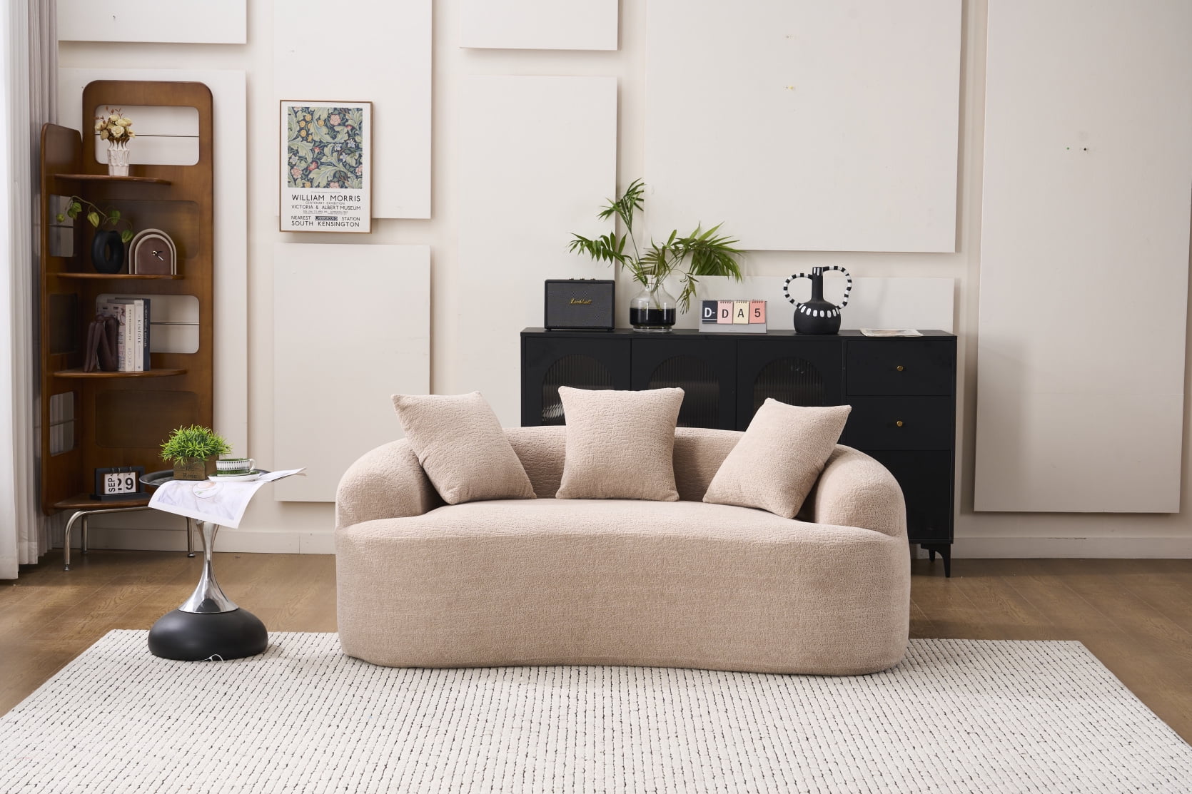 Loveseat Sofa with Wood Grain Chenille Fabric, Warm Beige High-Density ...
