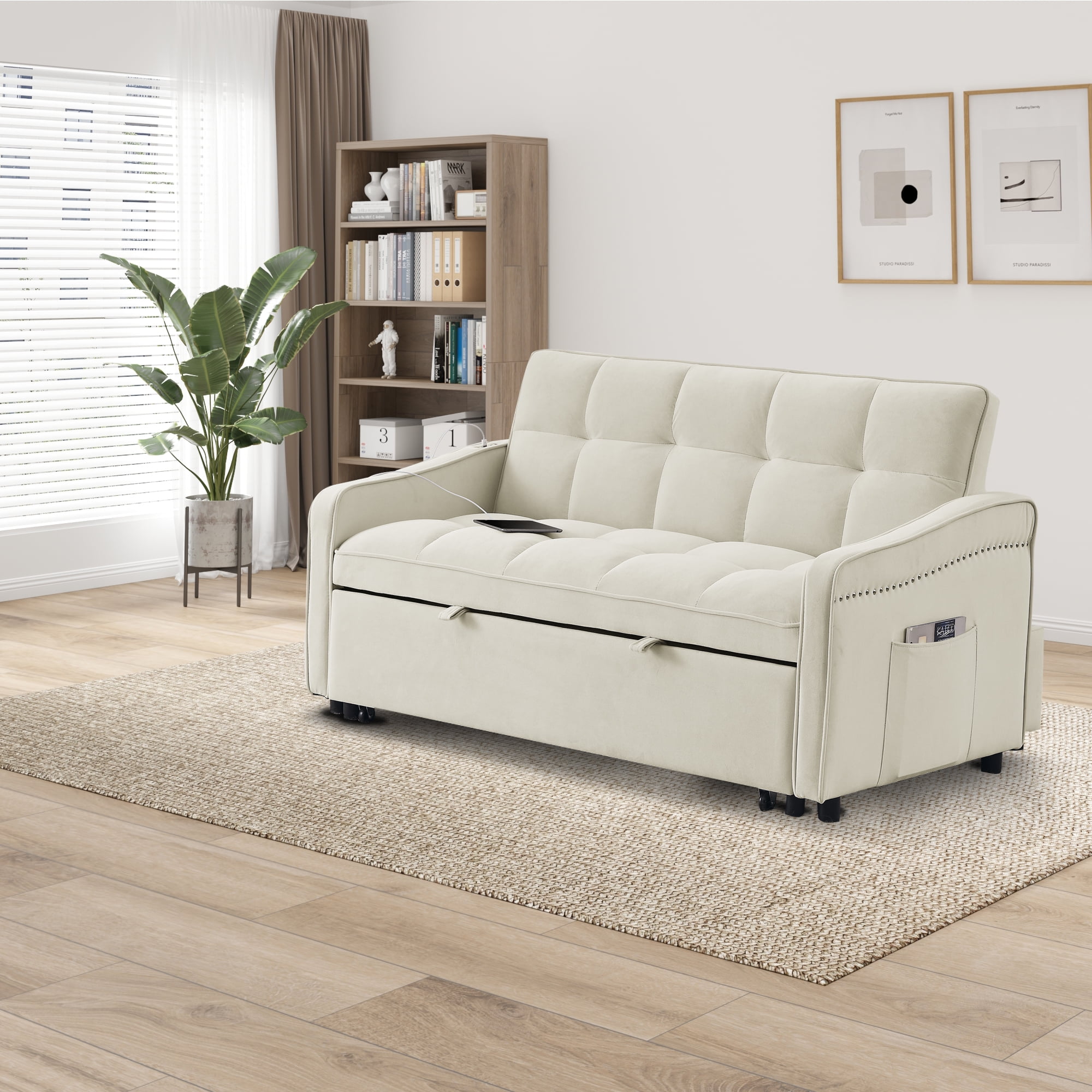 Loveseats Sofa Bed with Pull-out Bed,Adjsutable Back and Two Arm Pocket,TypeC and USB Charging ...