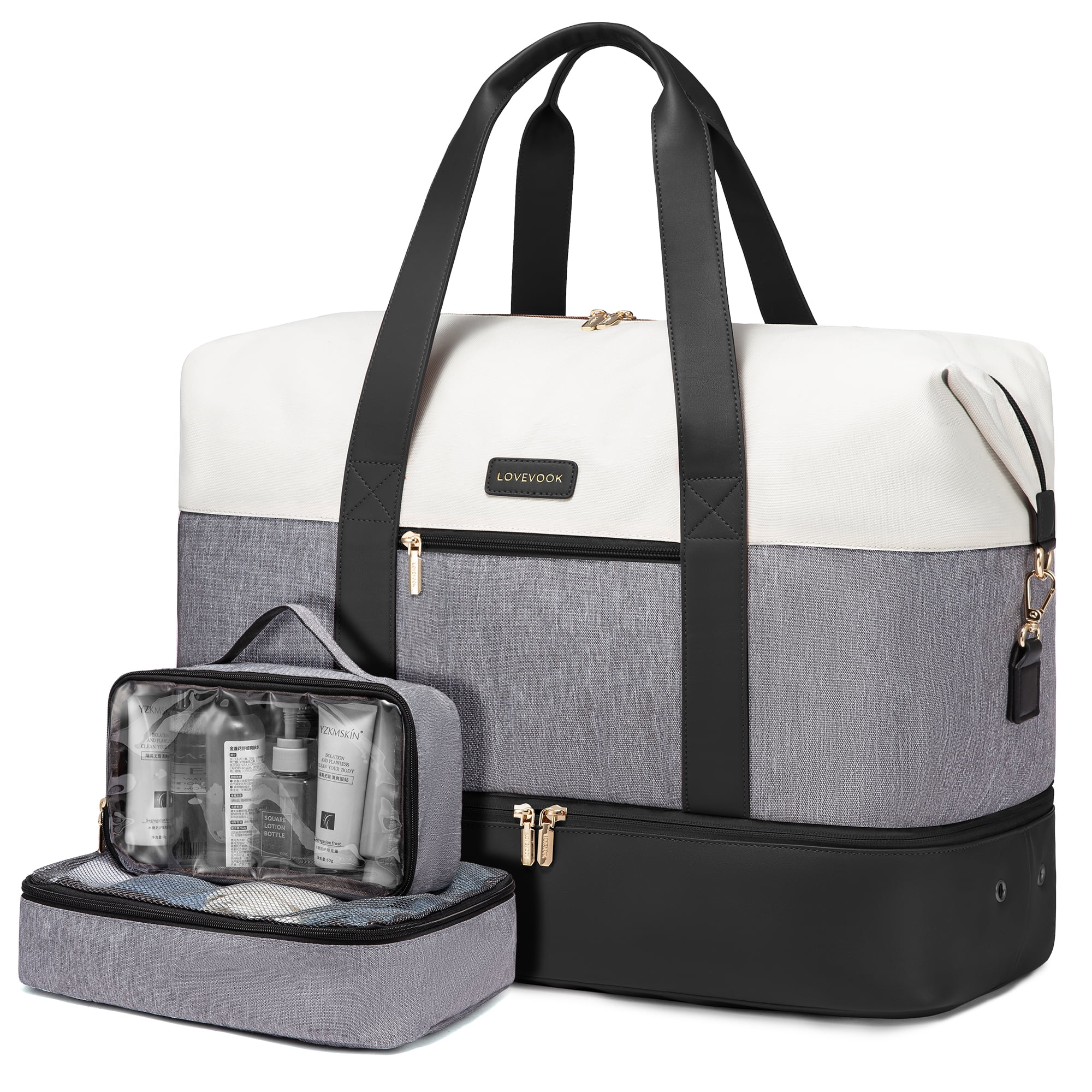 Lovevook Women's Travel Duffel Bag with 2 Packing Cubes, Black-G-White ...