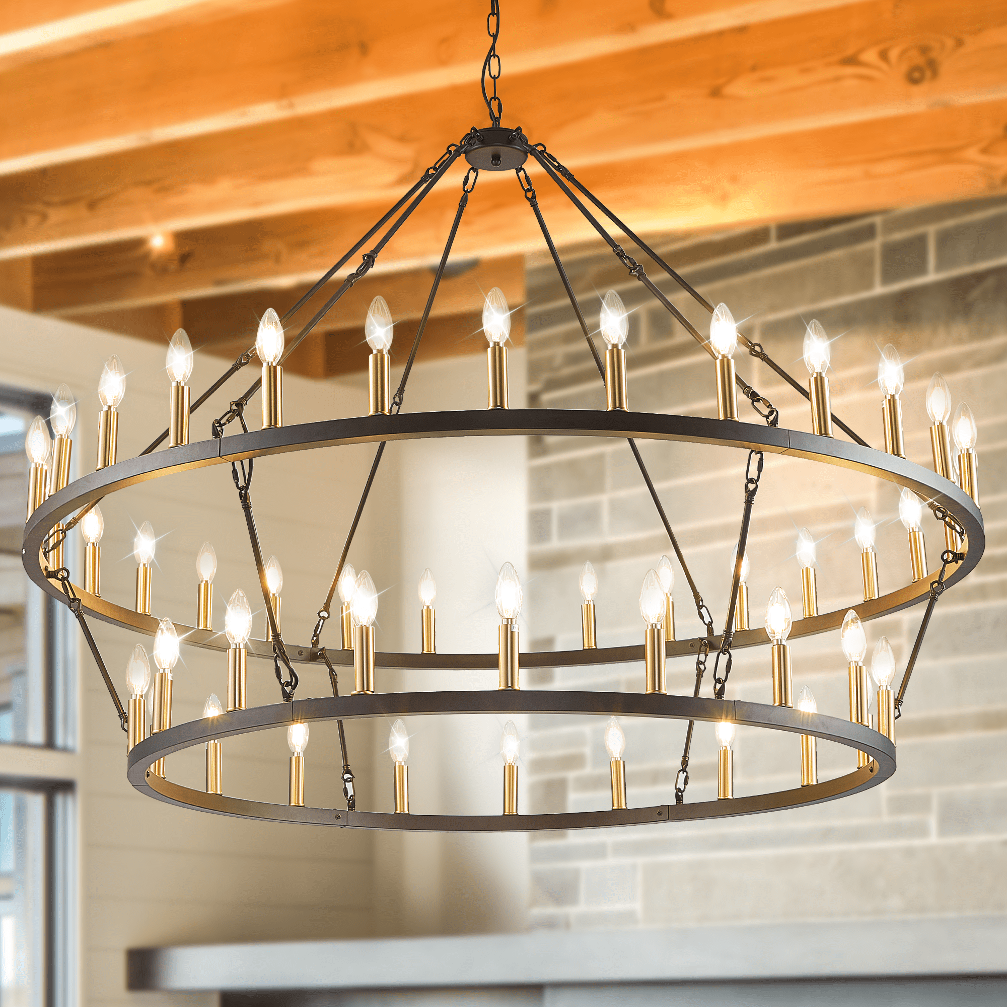 LovingAHome 2 Layer Large Black Gold Wagon Wheel Chandelier 48-Light 54 ...