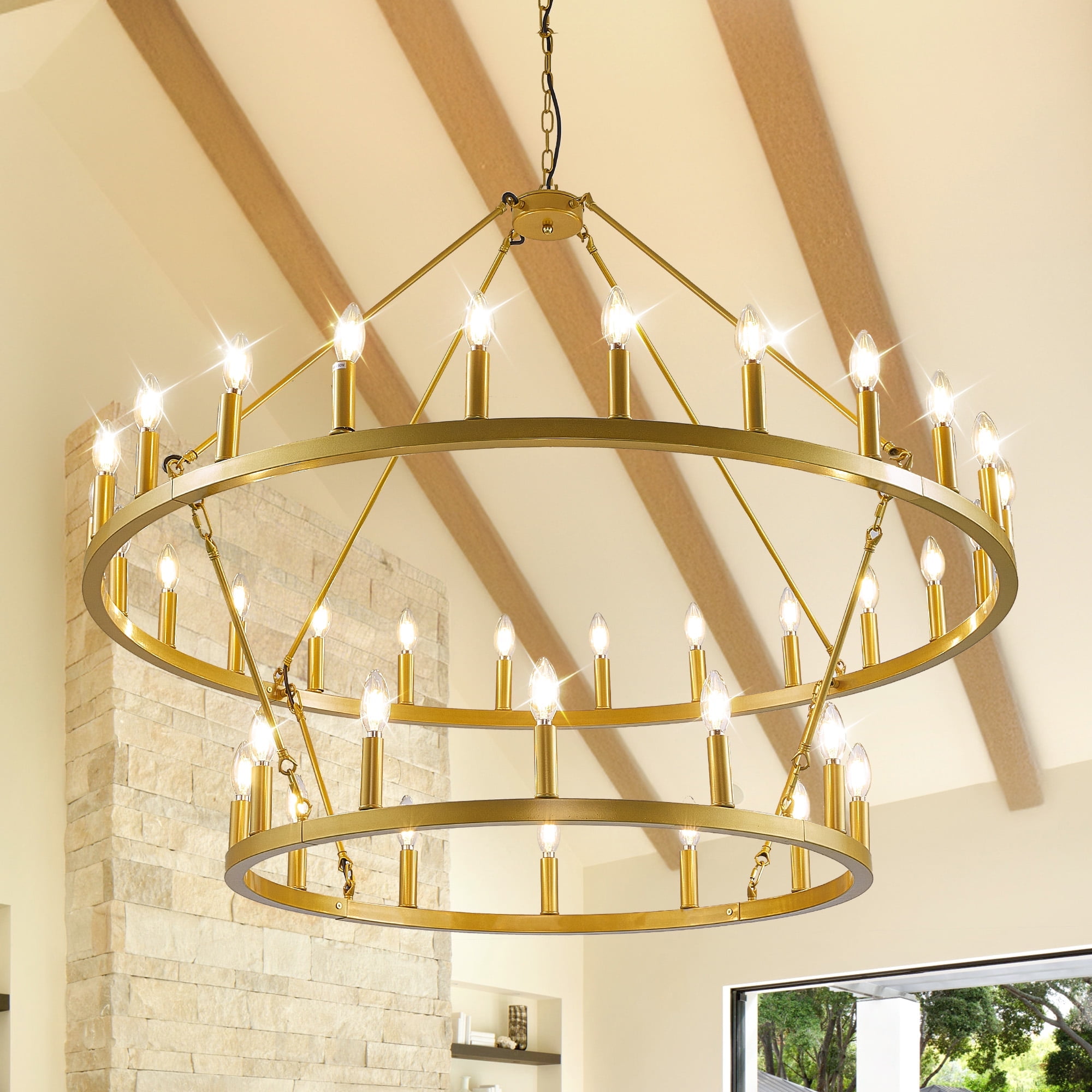 LovingAHome 36-Light Farmhouse Lighting 47'' 2 Layer Gold Wagon Wheel ...