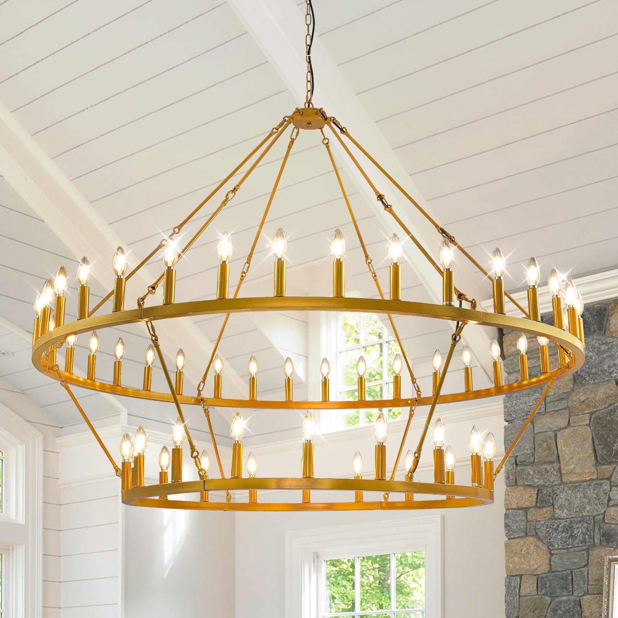 LovingAHome Antique Brass Wagon Wheel Chandelier 60" Wide Farmhouse ...