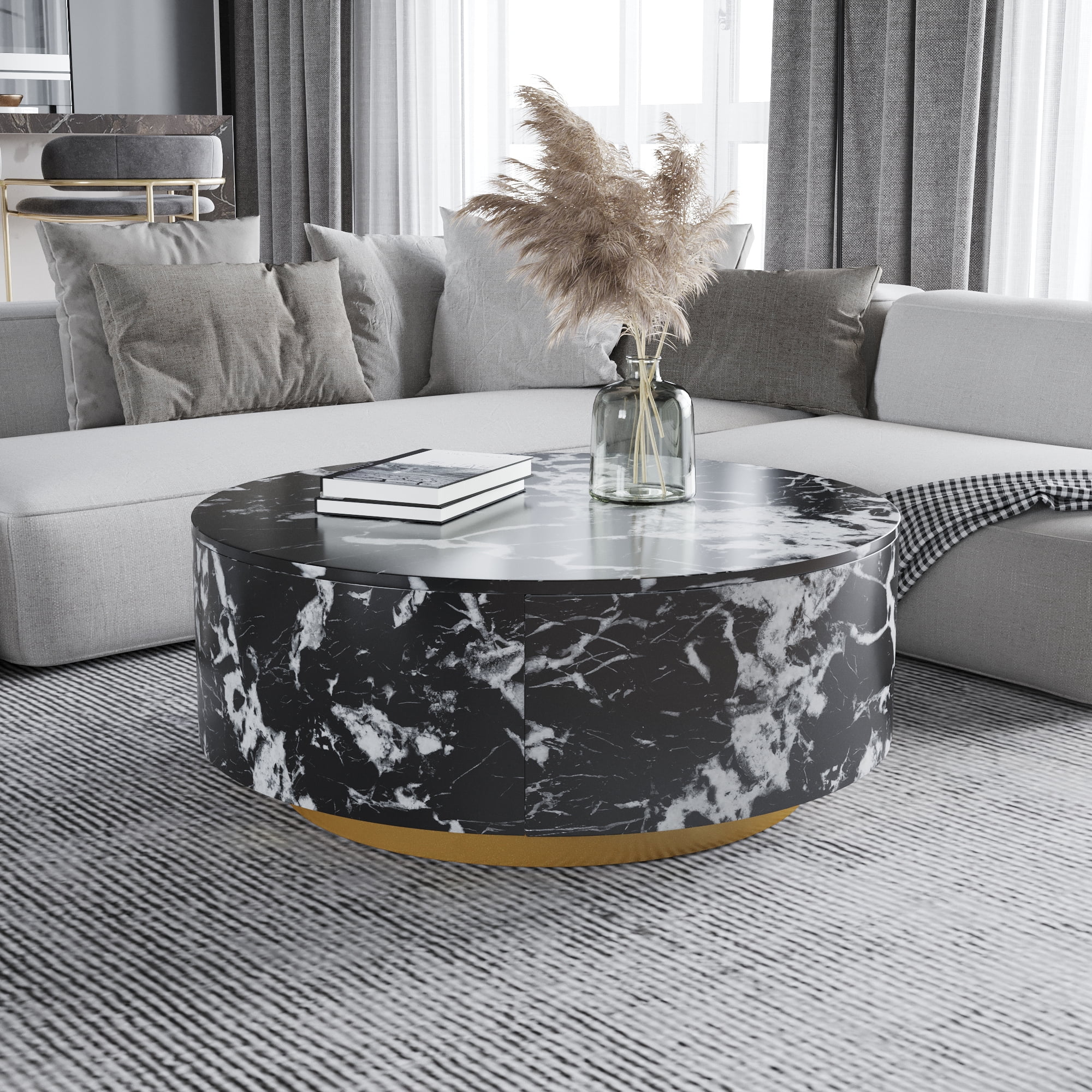 LovingAHome Modern Faux Marble Coffee Tables with 2 Drawers, Round ...