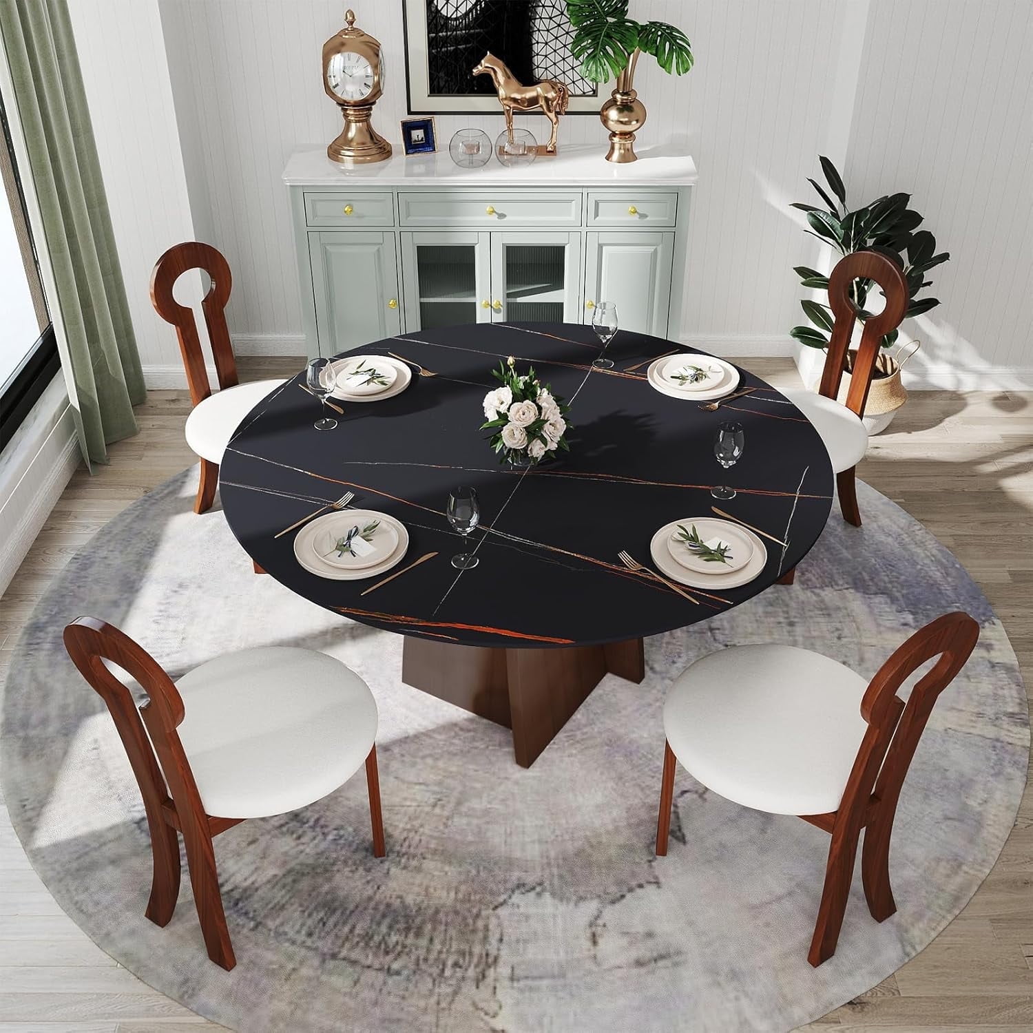 LovingAHome Round Dining Table for 6-8, 59" Black Gold Sintered Stone ...