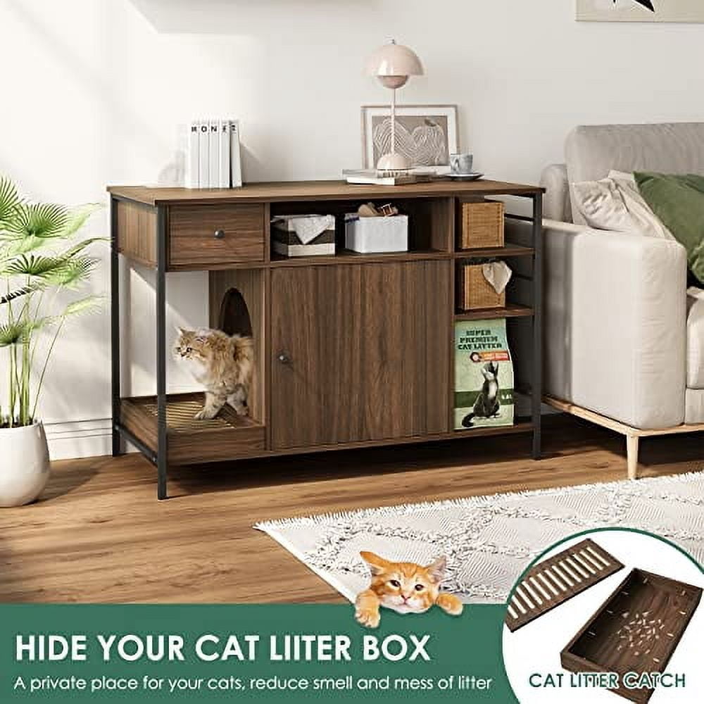 Lovinouse Cat Litter Box Enclosure Furniture with Drawer and Shelves ...