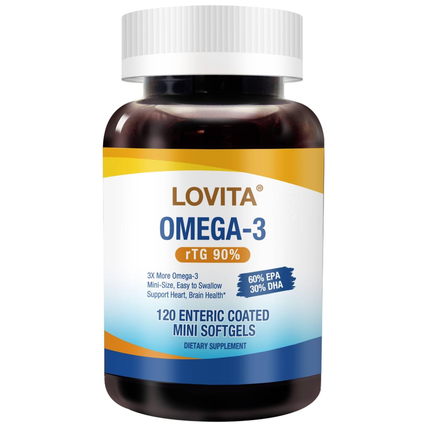 Lovita Omega-3 Fish Oil, 2000mg Daily, High Absorption rTG Form, 90% Omega-3, Burpless, Easy to ...