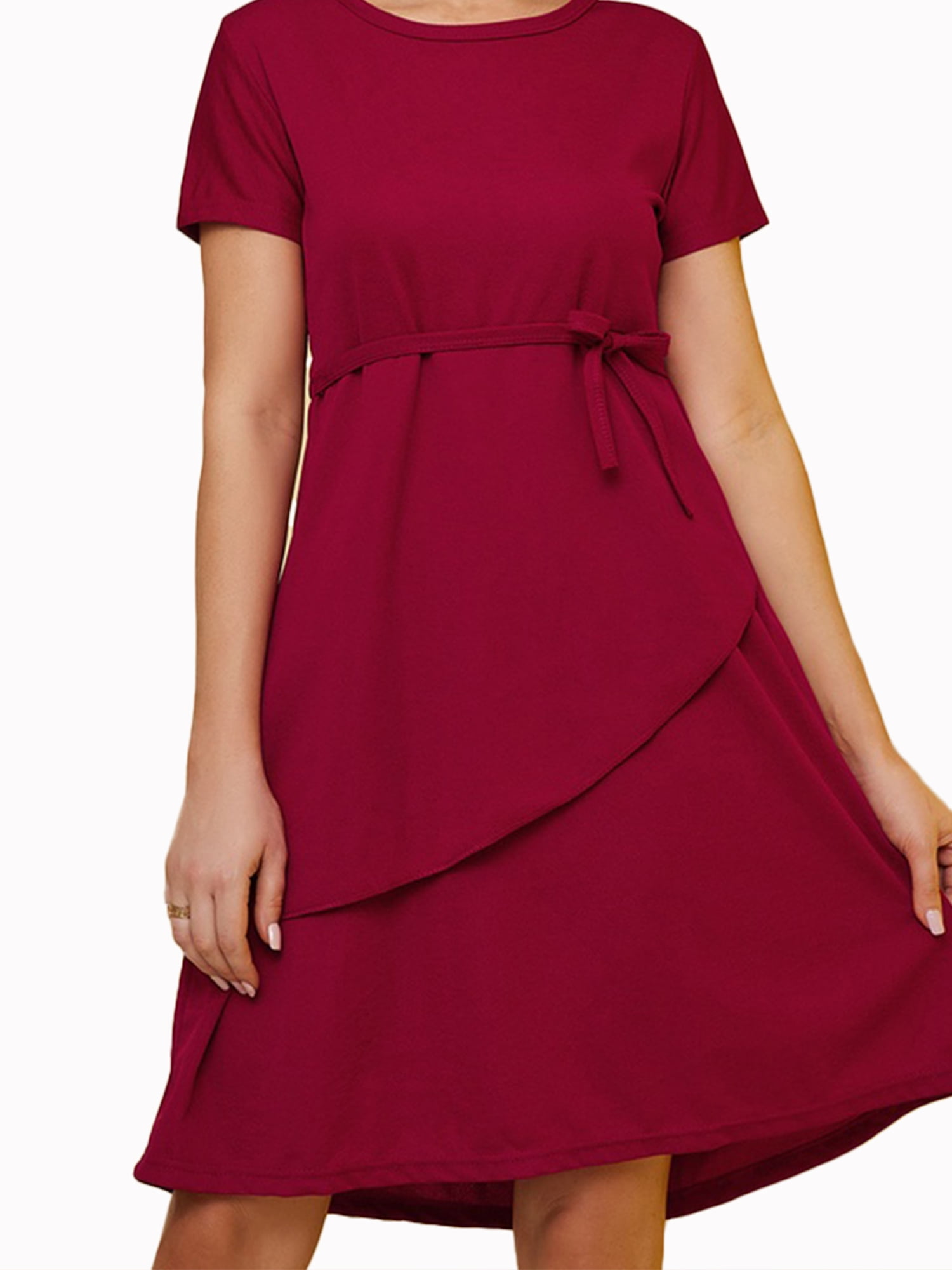 Lovito Elegant Plain Lace Up Basic Tiered Layer Draw Back Red Dress For ...