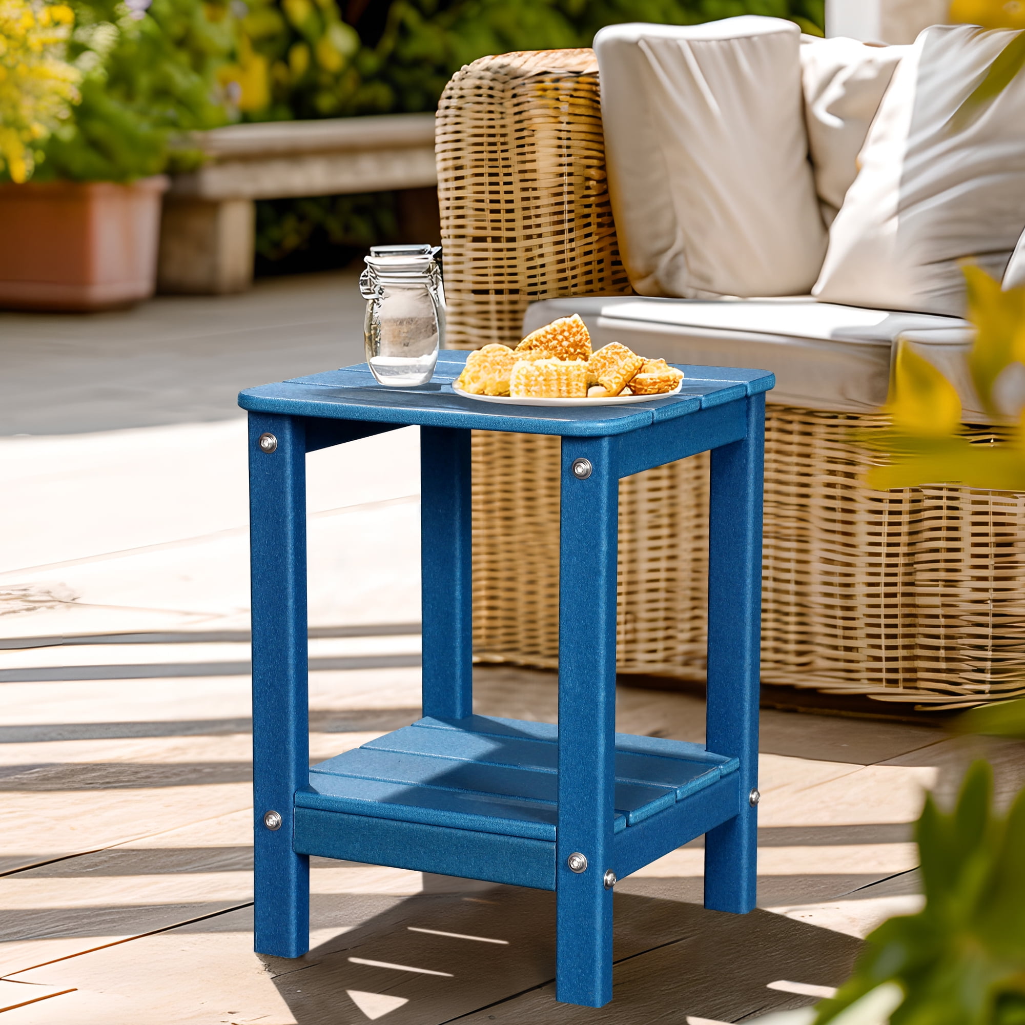 LovoIn Plastic Wood Furniture | Dark Blue Patio Garden Side Table with ...