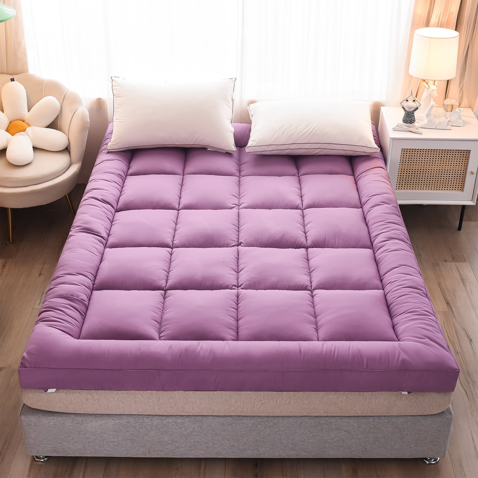 Lovote King And Queen Size Cooling Pillow Top Mattress Topper 3 Inch Cushioned Bed Cover Purple