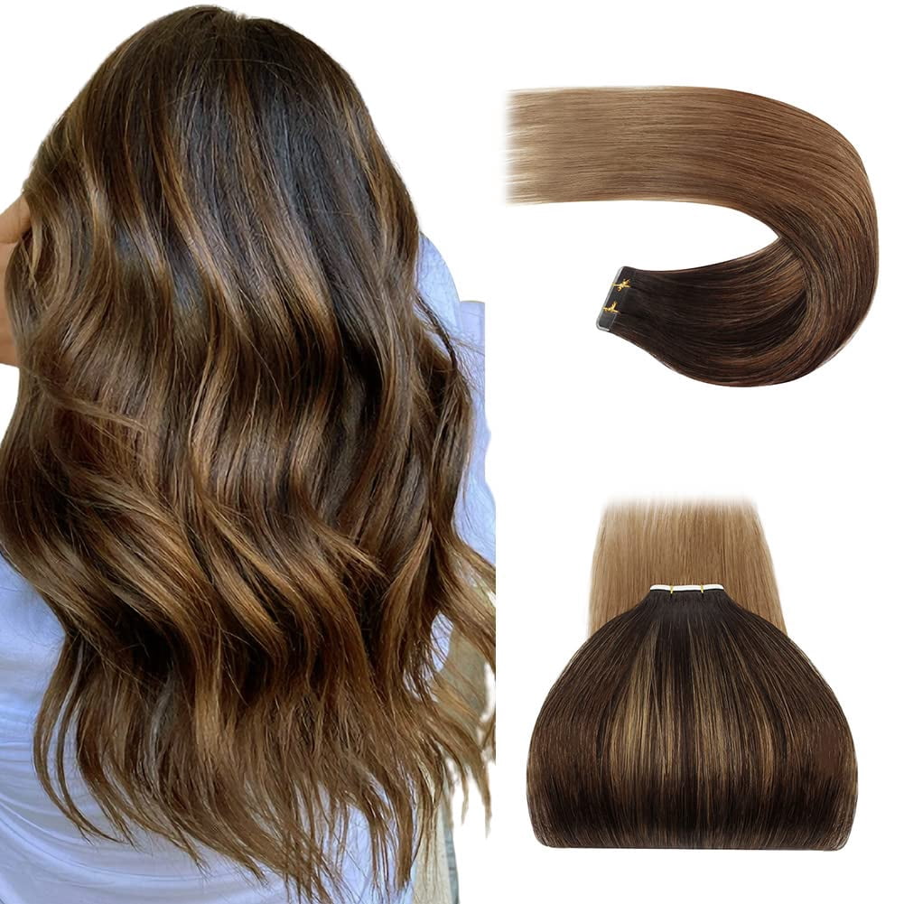 Lovrio Tape in Hair Extensions Balayage Colored Dark Brown Fading to ...