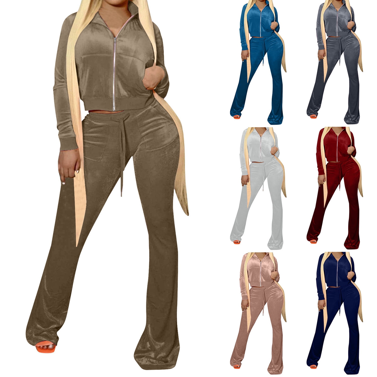 Lovskoo 2 Piece Outfits Velour Tracksuit for Women Zip Up Hoodie Velvet ...
