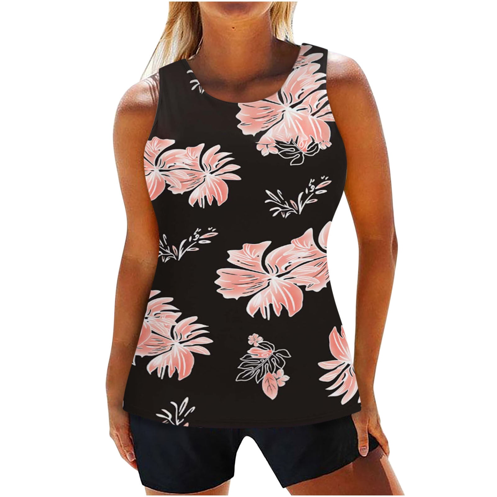 Lovskoo 2024 High Neck Solid Color Tankini Top Bathing Suit Tops For Women Tummy Control Tank
