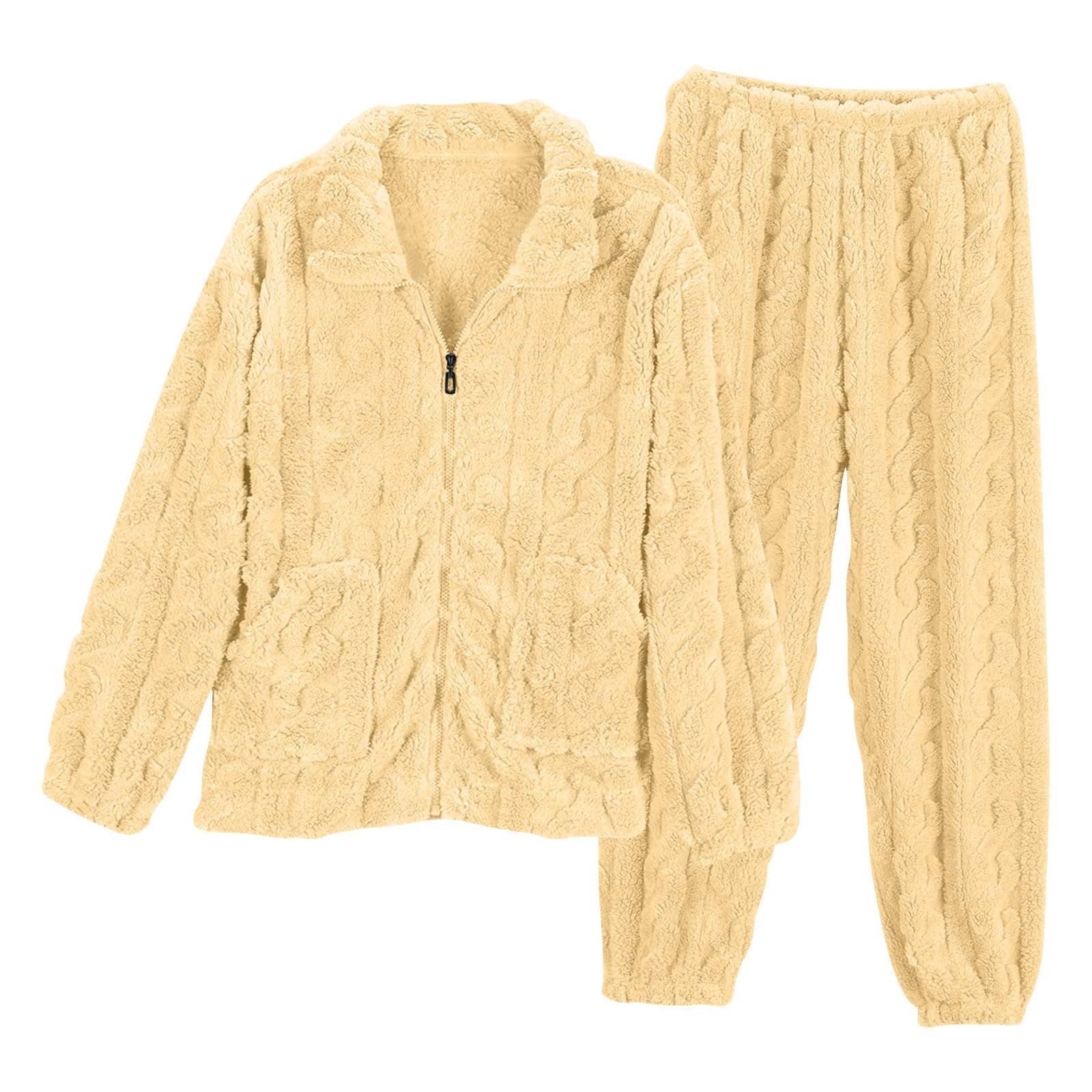 Lovskoo Solid Color Womens Fluffy Pajamas Set Fleece Pullover Pants ...