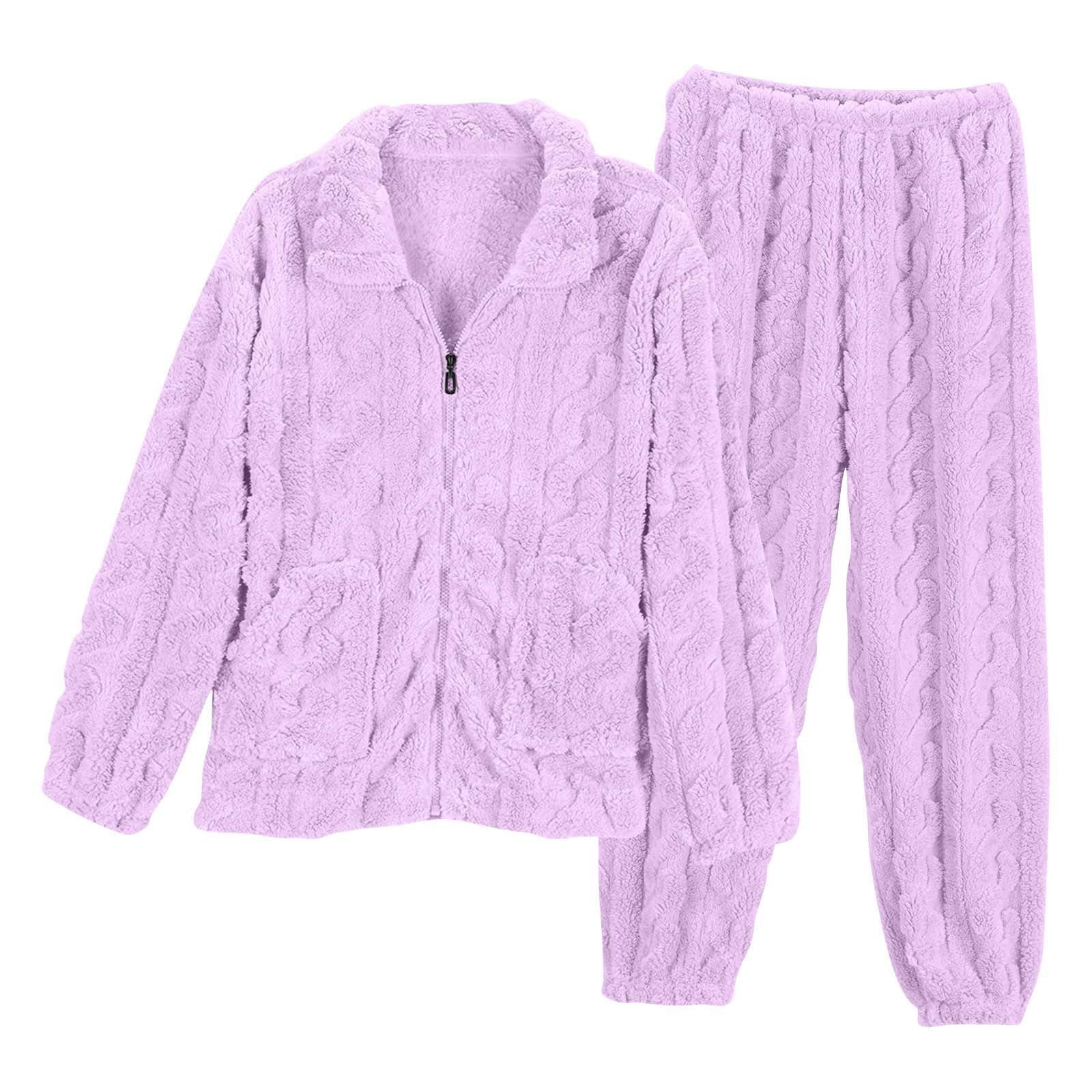 Lovskoo Solid Color Womens Fluffy Pajamas Set Fleece Pullover Pants ...
