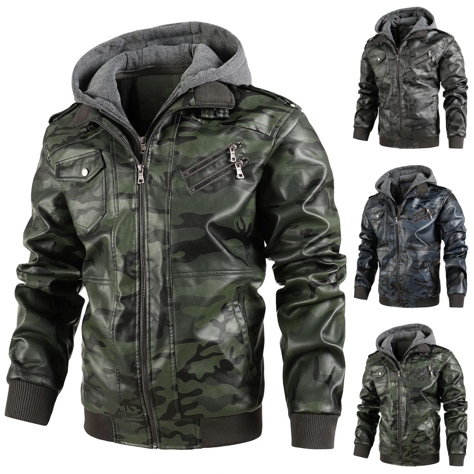 Lovskoo 2024 Men's Leather Jacket Long Sleeve Casual Camouflage Turn ...
