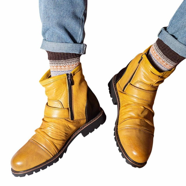 Lovskoo 2024 Men's Mid-Calf Boots Round Toe Chunky Heel Pleated Western ...