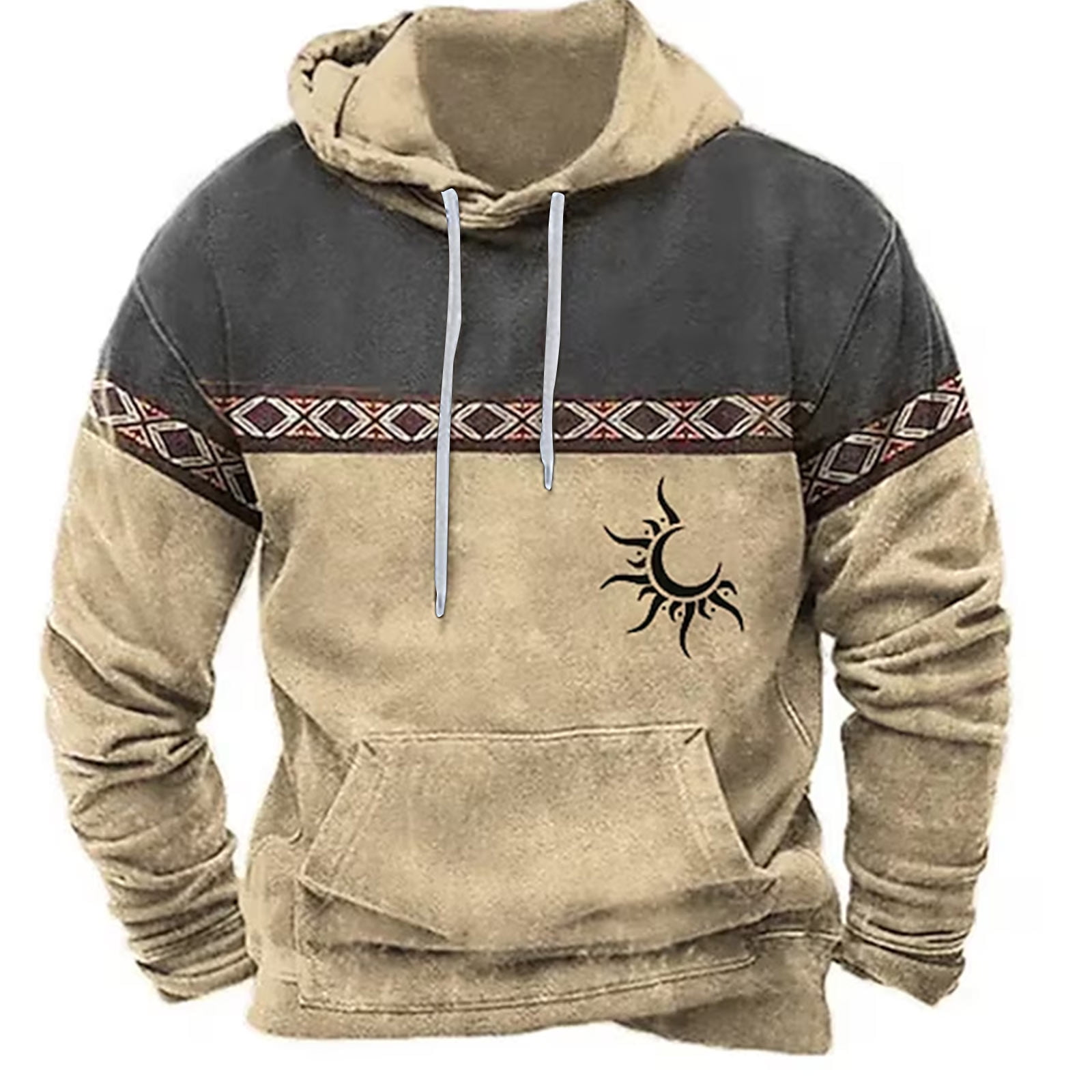 Lovskoo 2024 Men's Western Ethnic Style Print Hoodie Long Sleeve ...