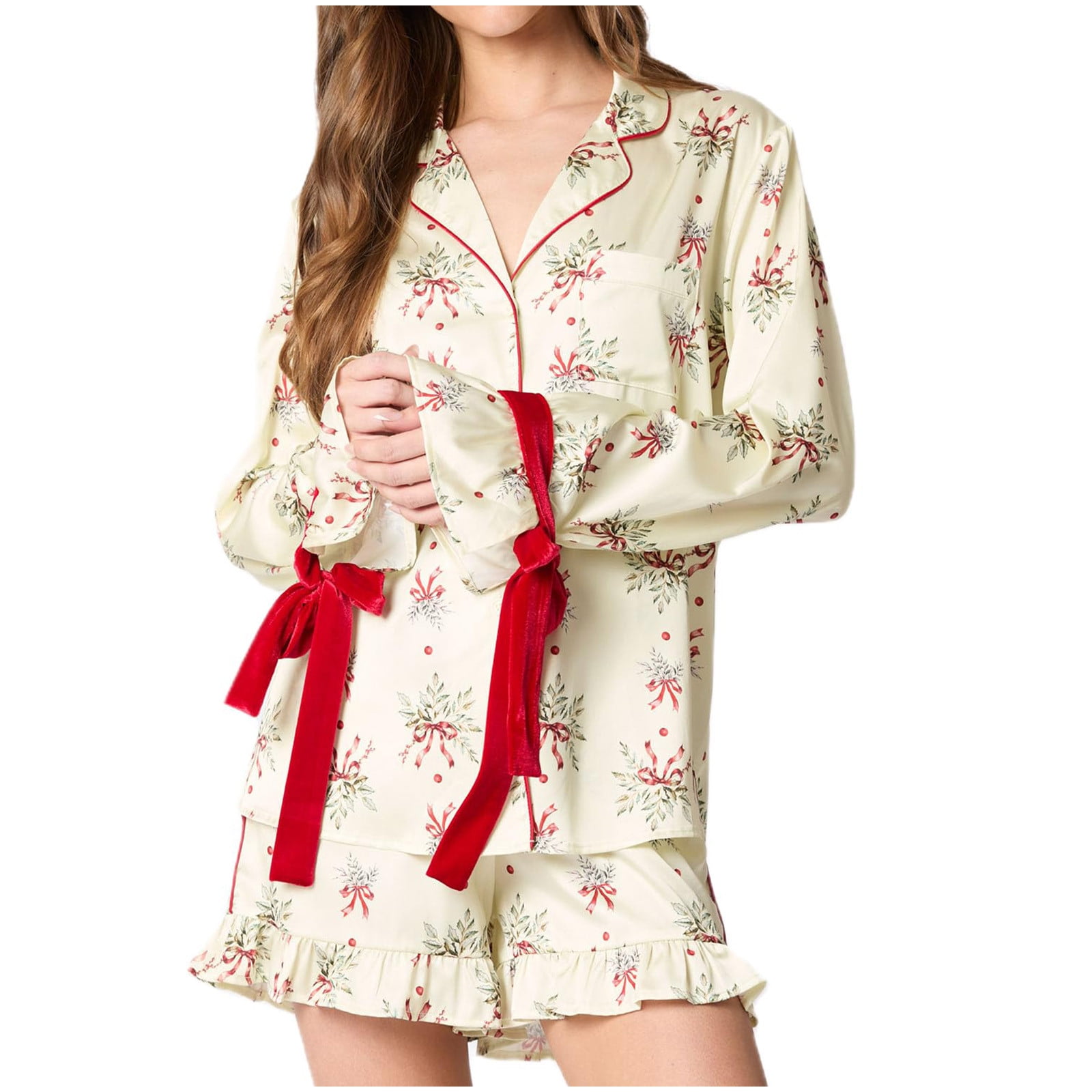 Lovskoo Cute Pajamas for Women 2 Piece Satin Bow Pajama Set Y2K Clothes ...