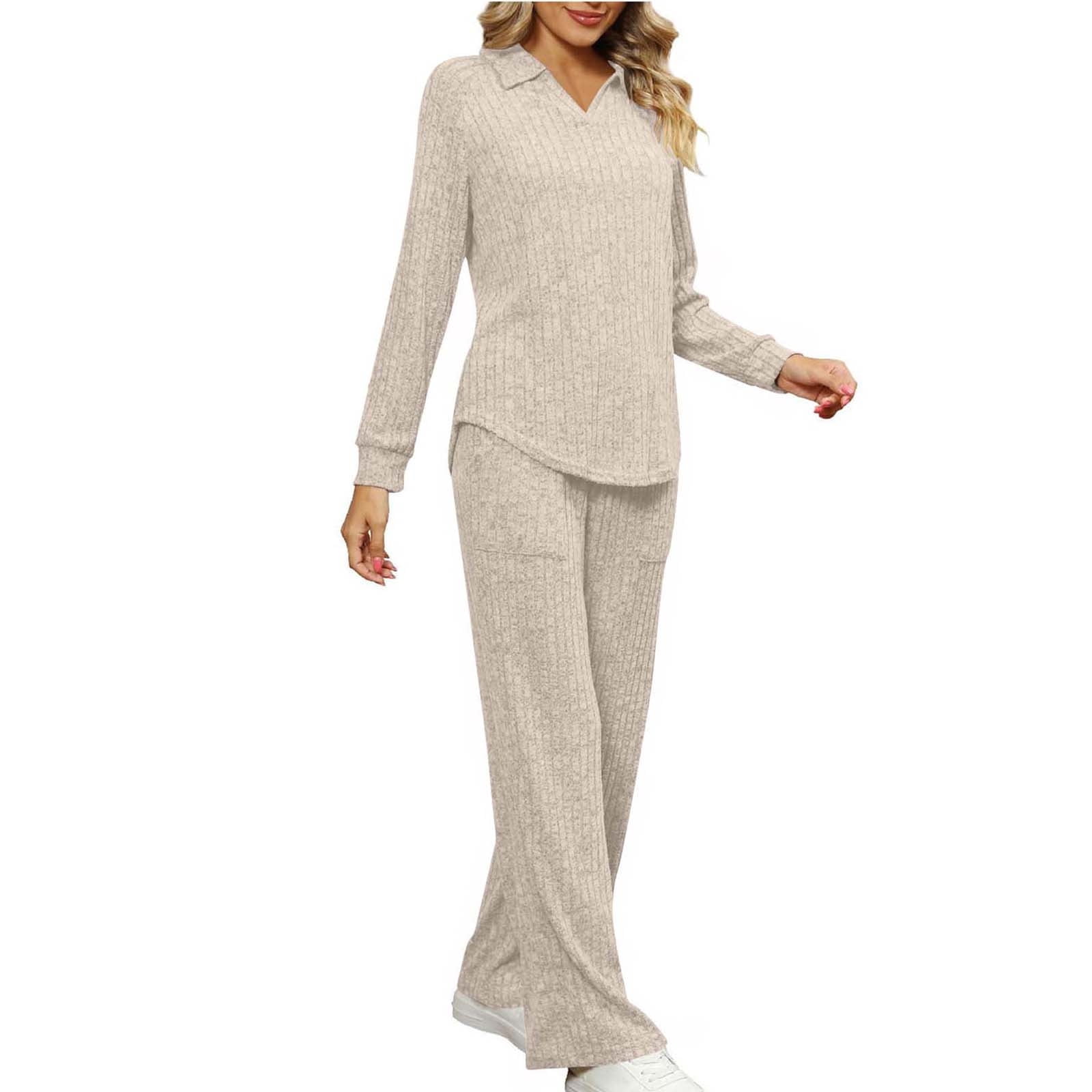 Lovskoo Womens Rib Knit Pajamas Collared Lounge Sets Solid Long Sleeve ...