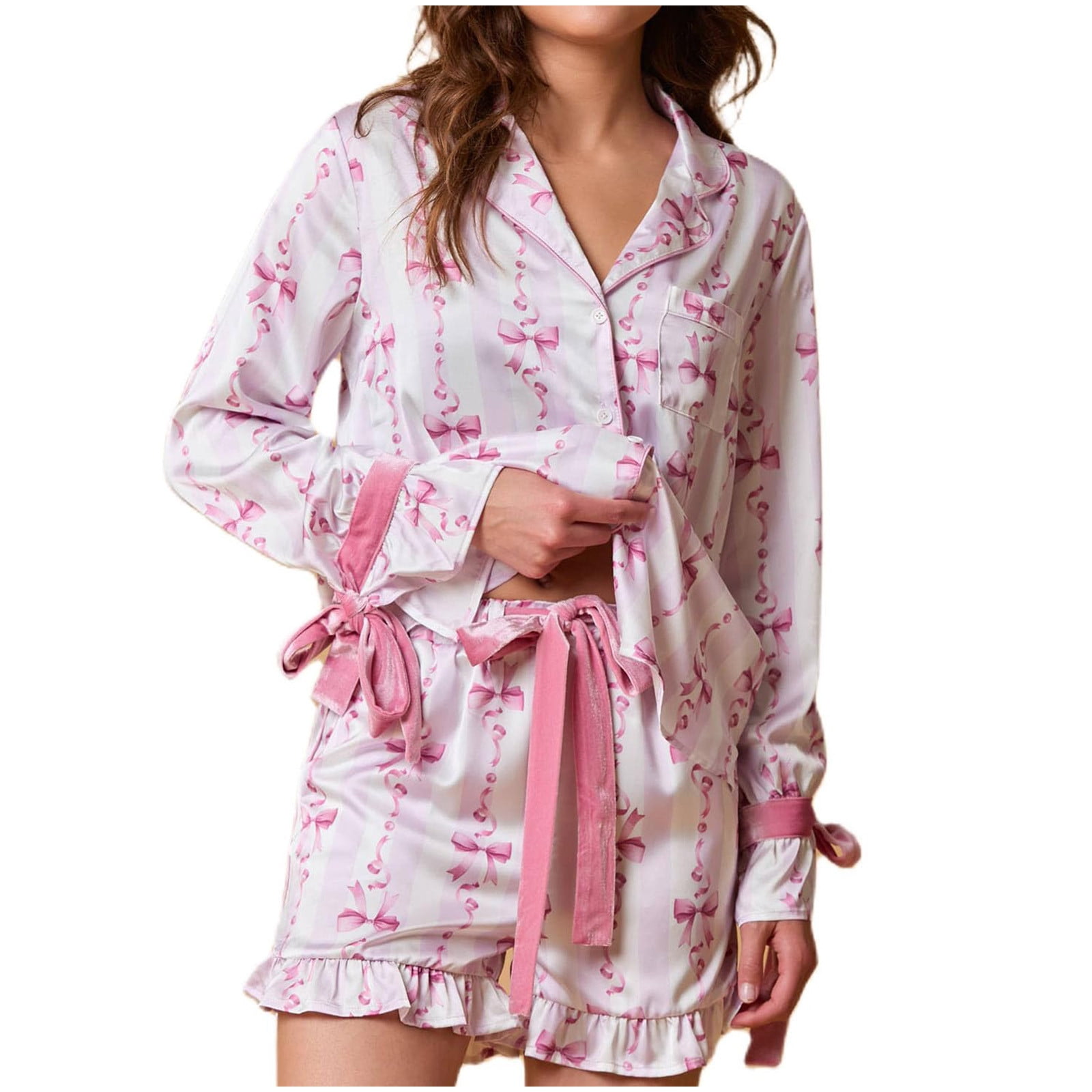 Lovskoo Cute Pajamas for Women 2 Piece Satin Bow Pajama Set Y2K Clothes ...