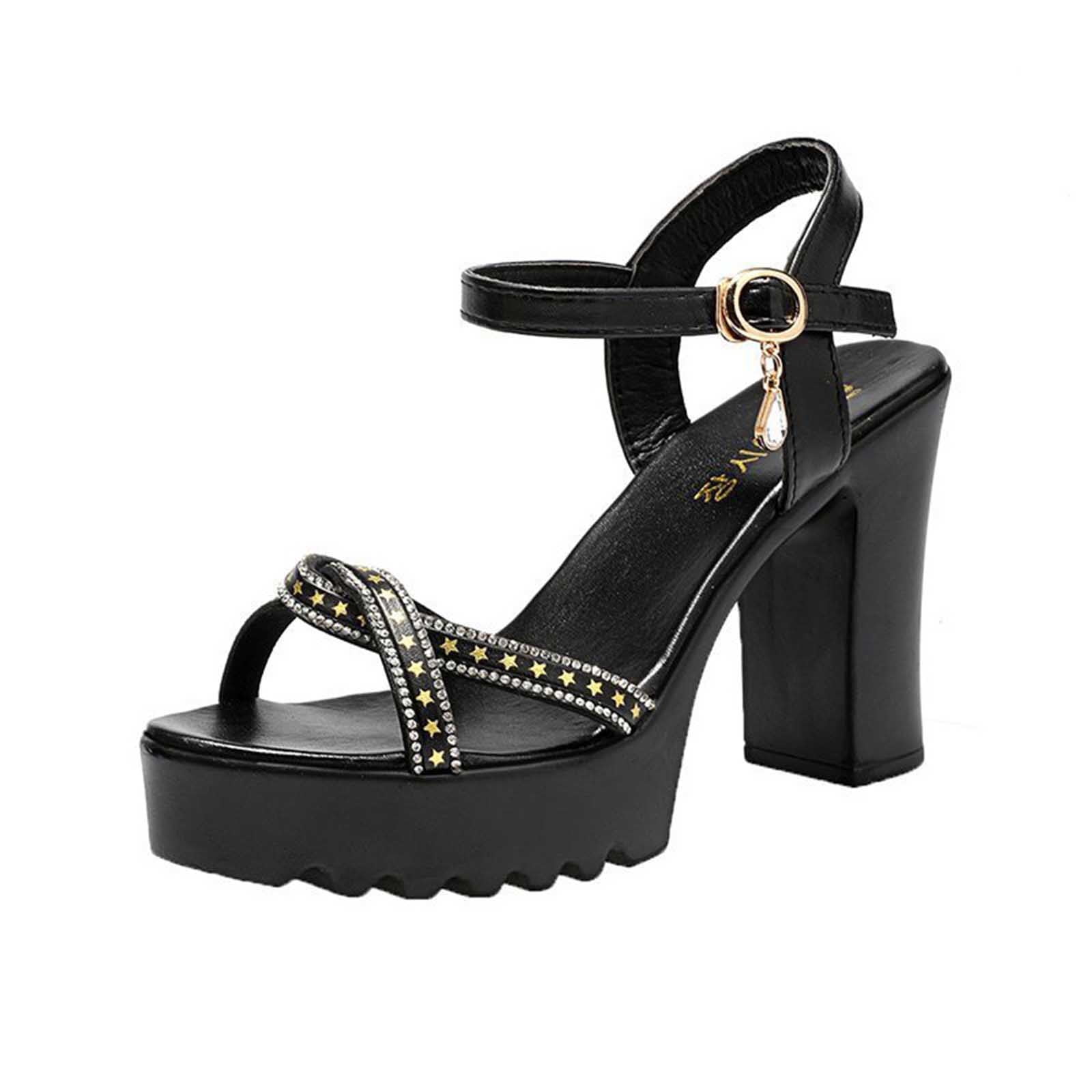 Lovskoo 2024 Platform Heels for Women Rhinestone High Block Chunky Open ...