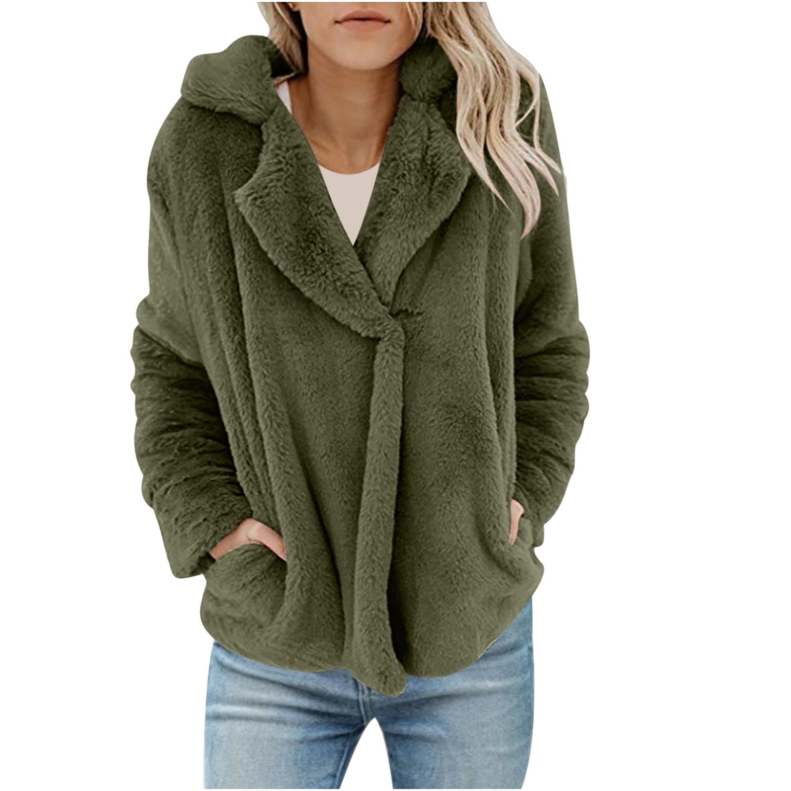 Lovskoo Womens Fuzzy Fleece Jacket Casual Pocket Long Sleeve Notch ...