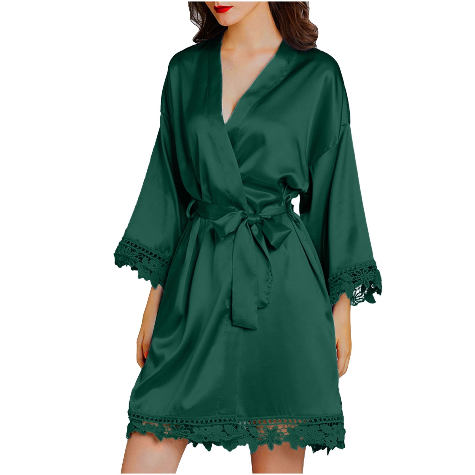 Lovskoo 2024 Robes for Women Bathrobe Lace-Trim Silk Robes Casual Soft ...