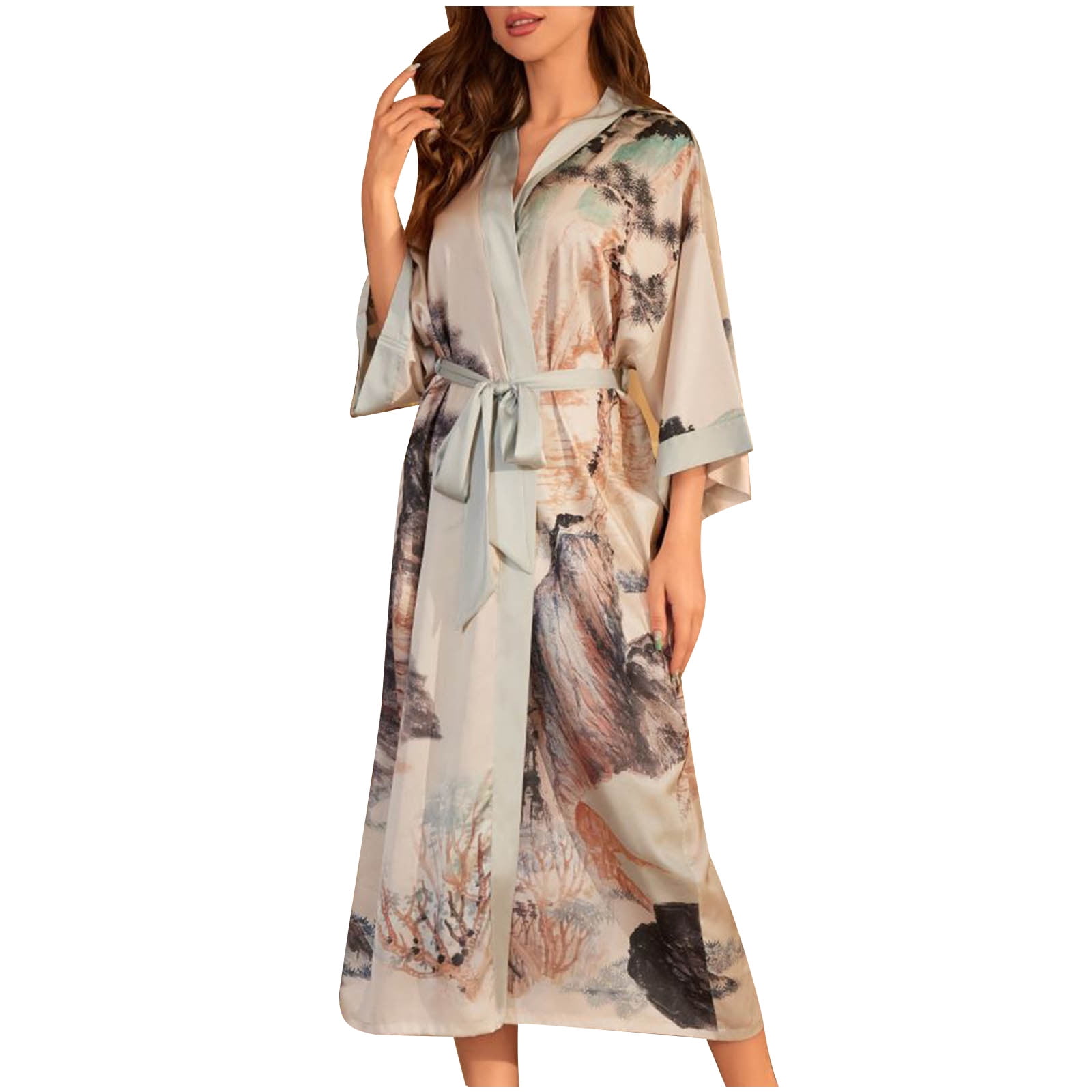 Lovskoo 2024 Satin Robes for Women Bathrobe Retro Kimono V Neck ...
