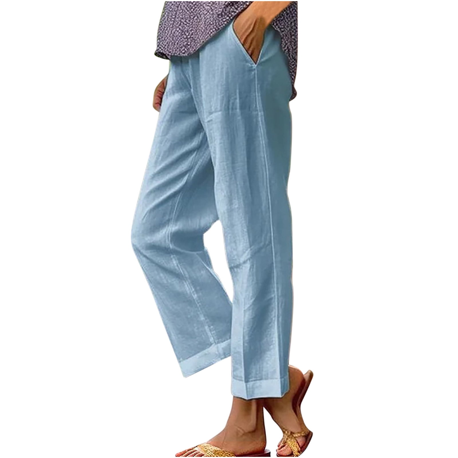 Lovskoo 2024 Summer Pants for Women Cotton Linen Pants Solid Color ...