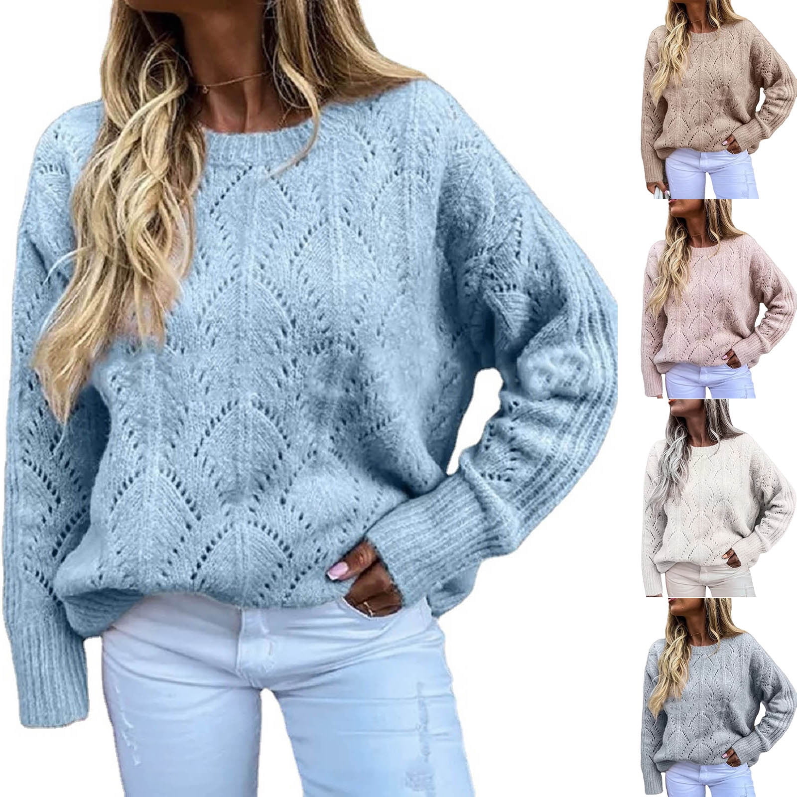 Lovskoo 2024 Sweaters for Women Casual Round Neck Long Sleeved Knitted ...