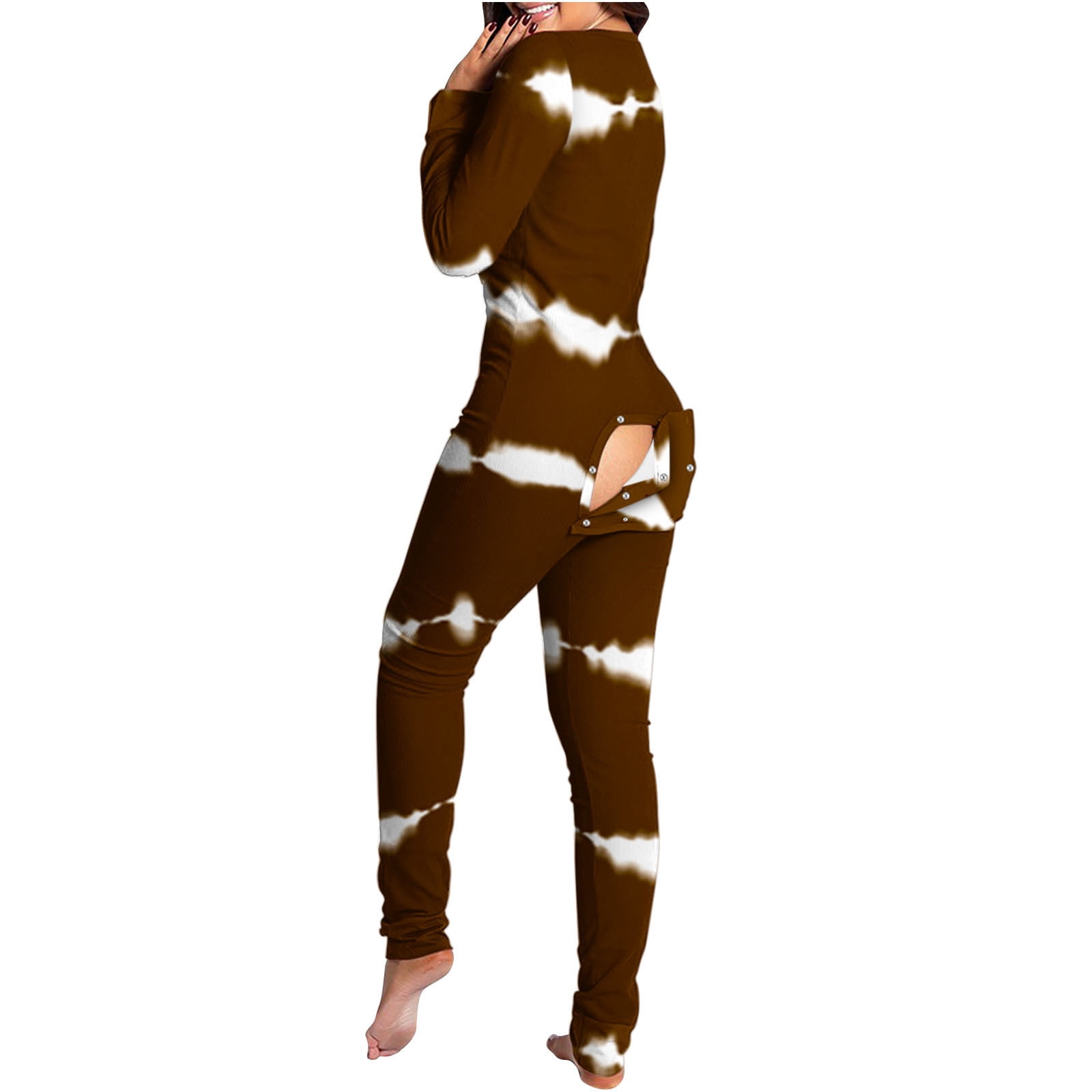 Lovskoo 2024 Women Butt Button Back Flap Jumpsuit Pajamas Onesies Fashion Solid Color Functional ...