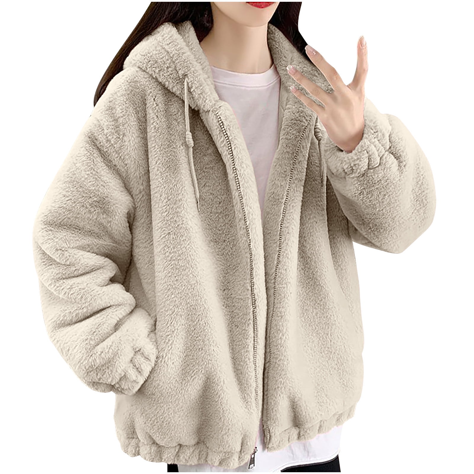 Lovskoo Fuzzy Fleece Winter Coats for Women Loose Warm Thick Hooded ...