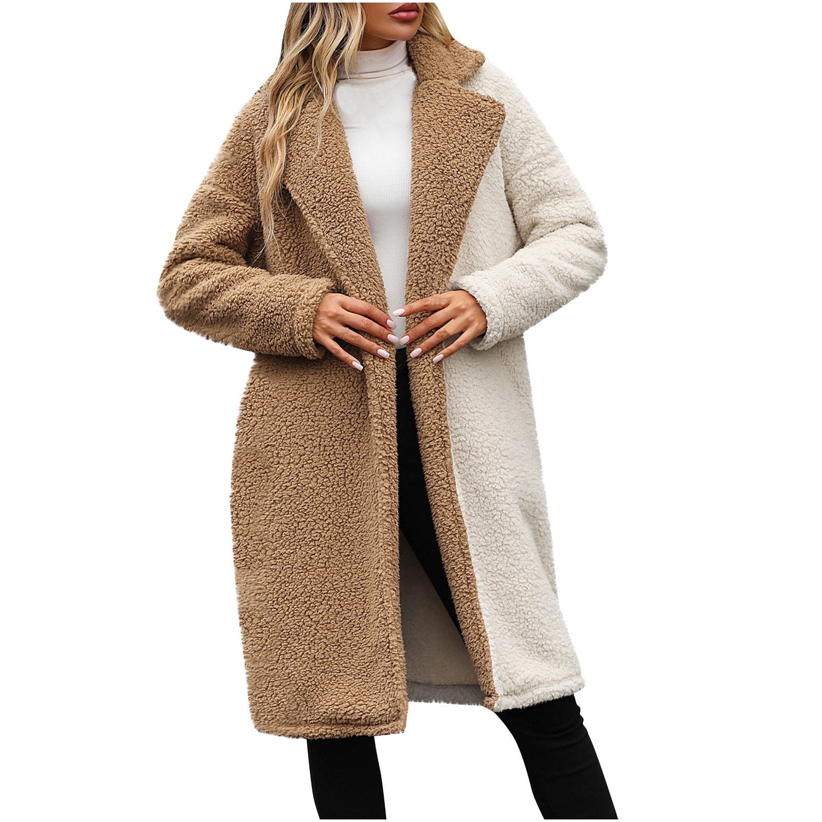 Lovskoo Fuzzy Fleece Winter Coats for Women Color Block Notch Lapel ...