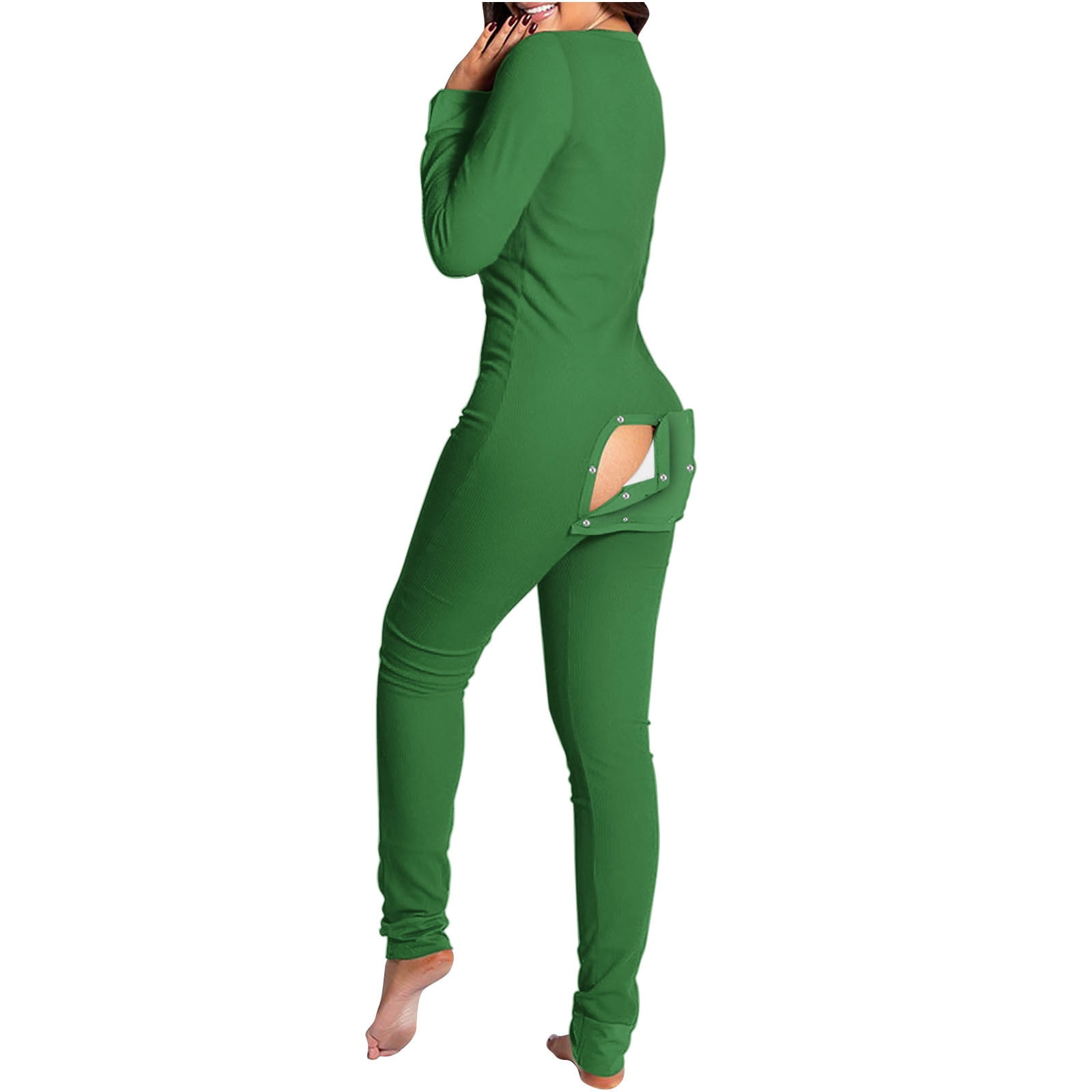 Lovskoo 2024 Women Sexy Butt Button Back Flap Jumpsuit Pajamas Onesie