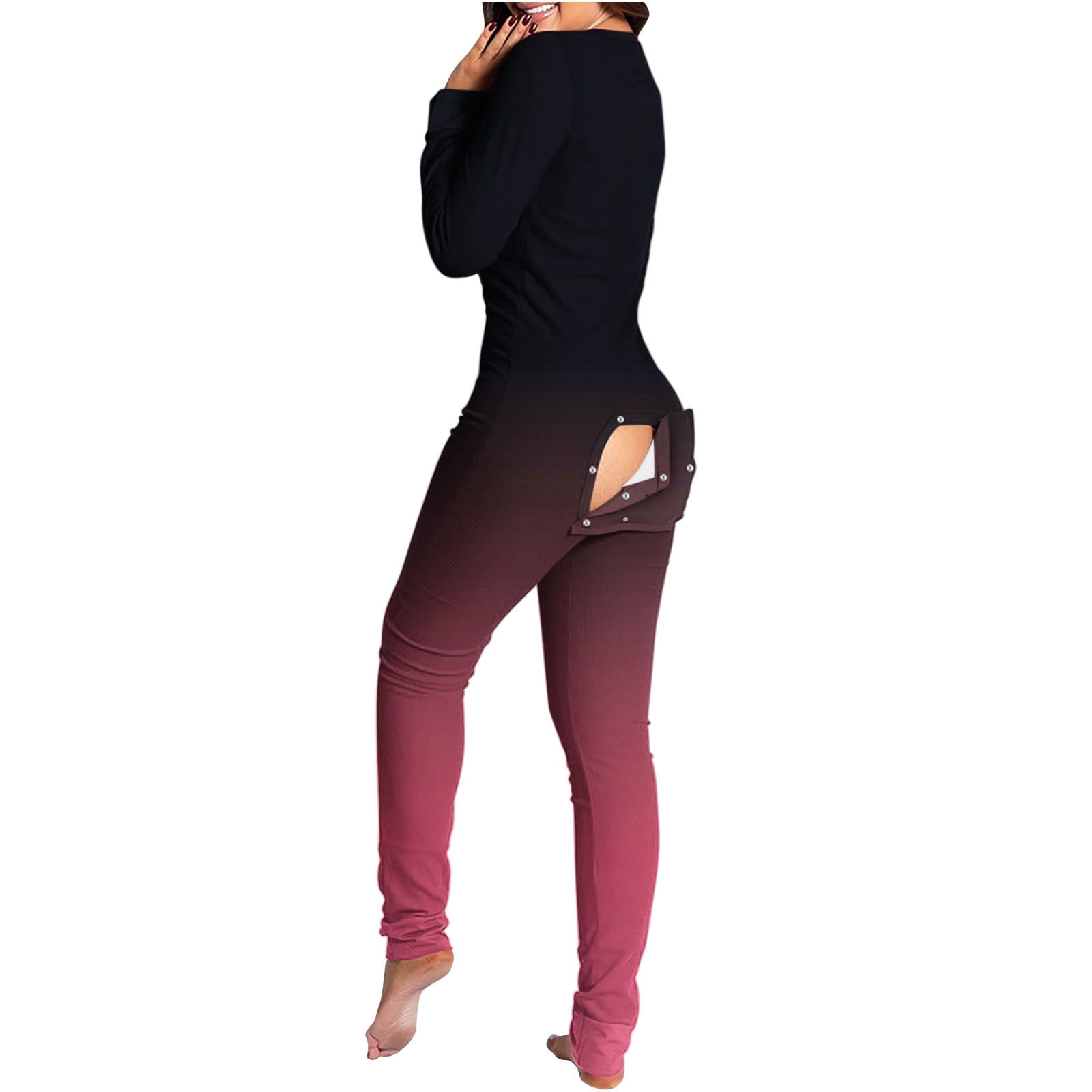 Lovskoo 2024 Women Sexy Butt Button Back Flap Jumpsuit Pajamas Onesie